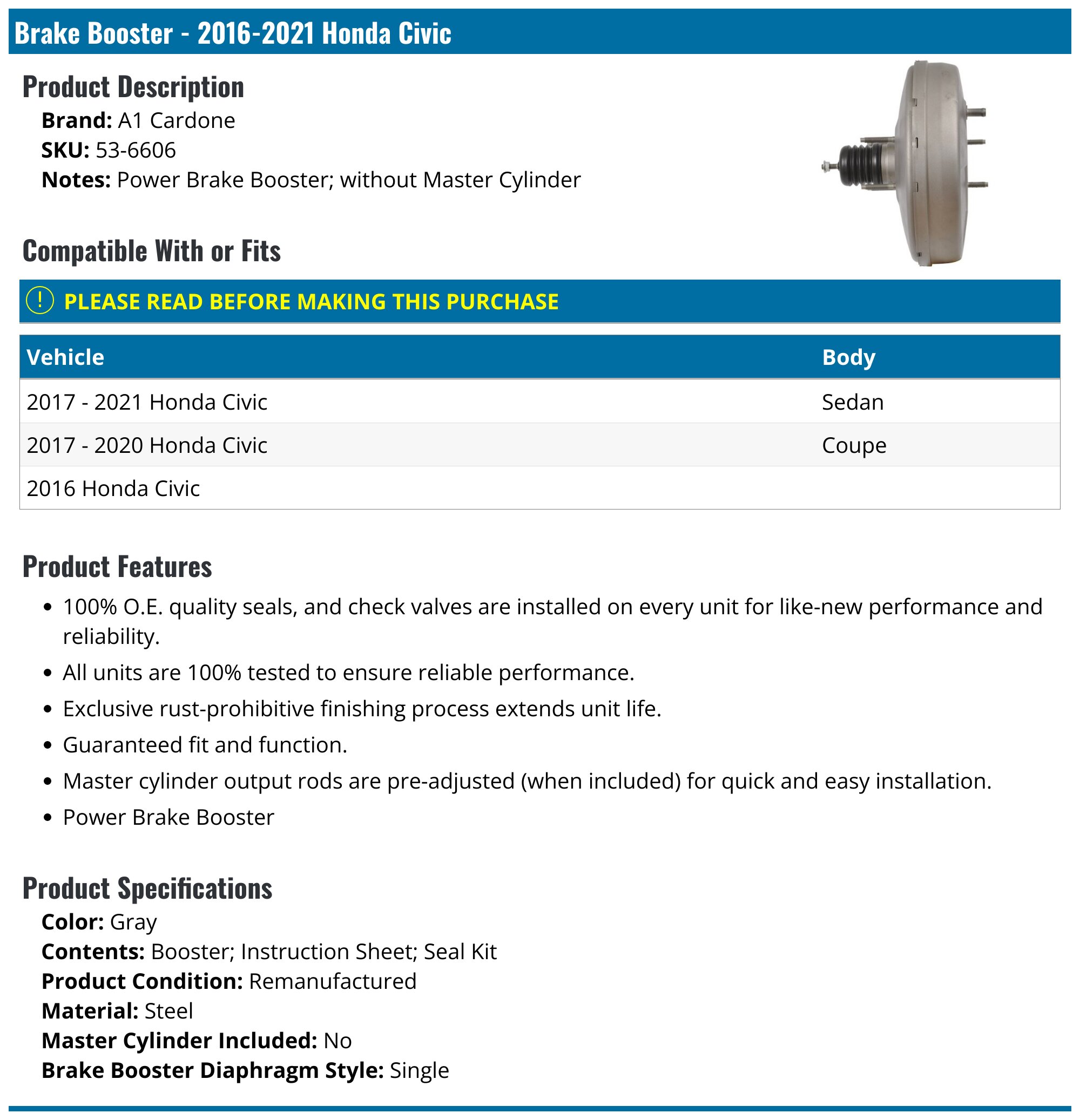 2016-2021 Honda Civic Brake Booster - A1 Cardone 53-6606 - PartsGeek.com