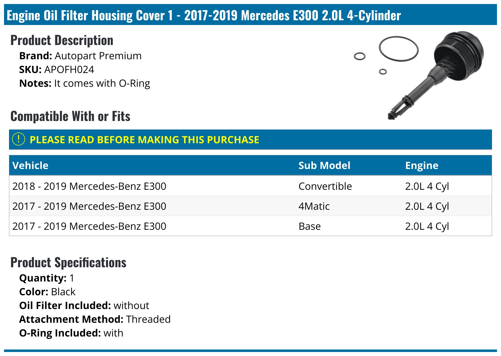 2017-2019 Mercedes E300 Engine Oil Filter Housing Cover - Autopart ...