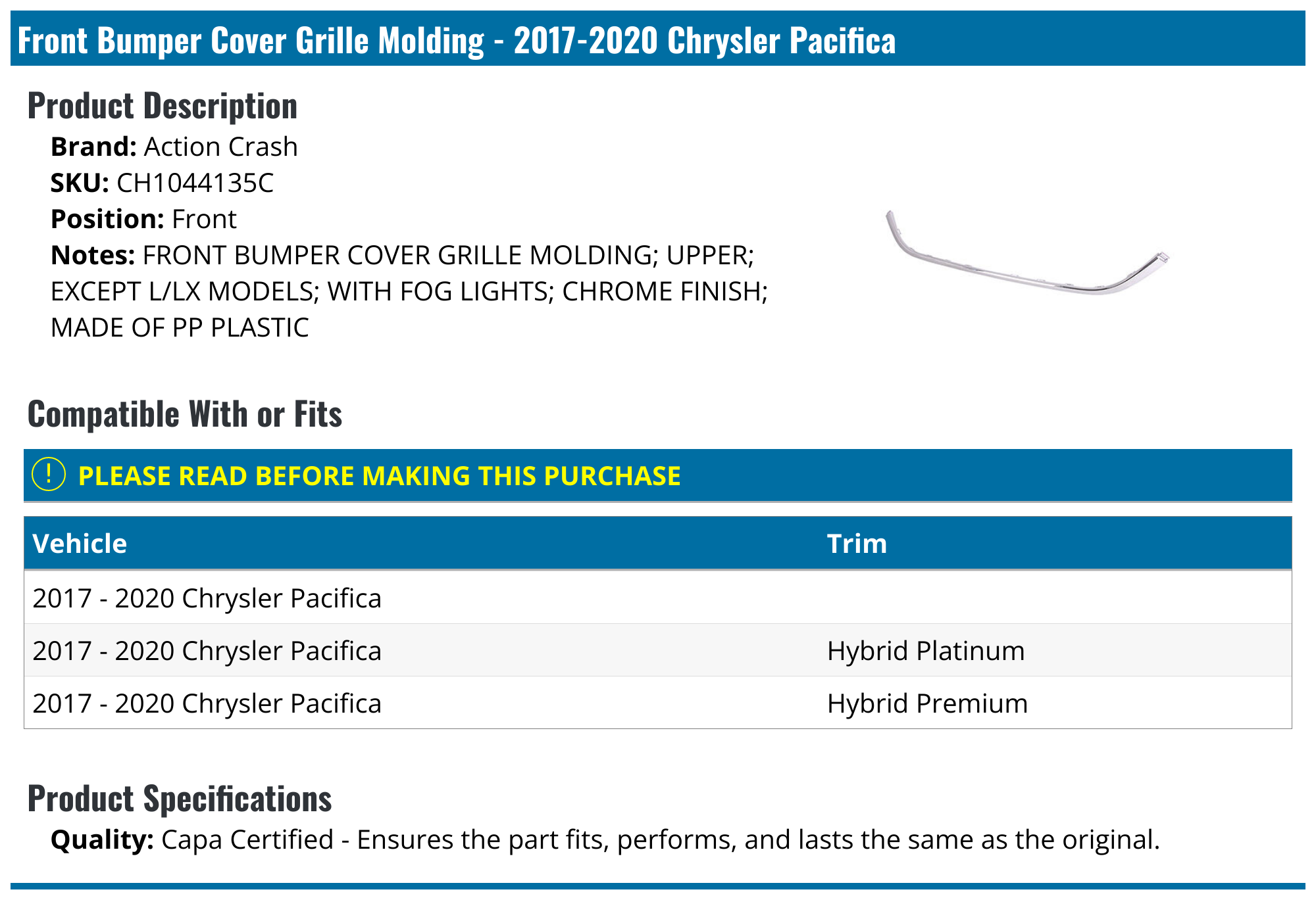 2017-2020 Chrysler Pacifica Bumper Cover Grille Molding - Action Crash ...