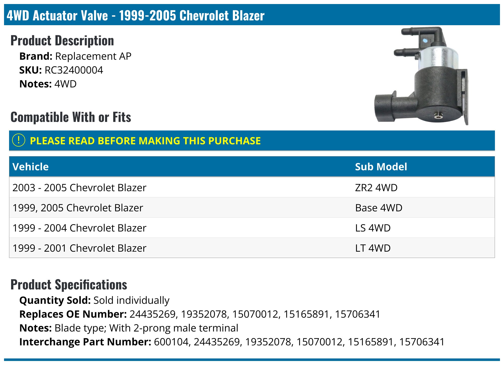 1999-2005 Chevrolet Blazer 4WD Actuator - Replacement AP RC32400004 ...