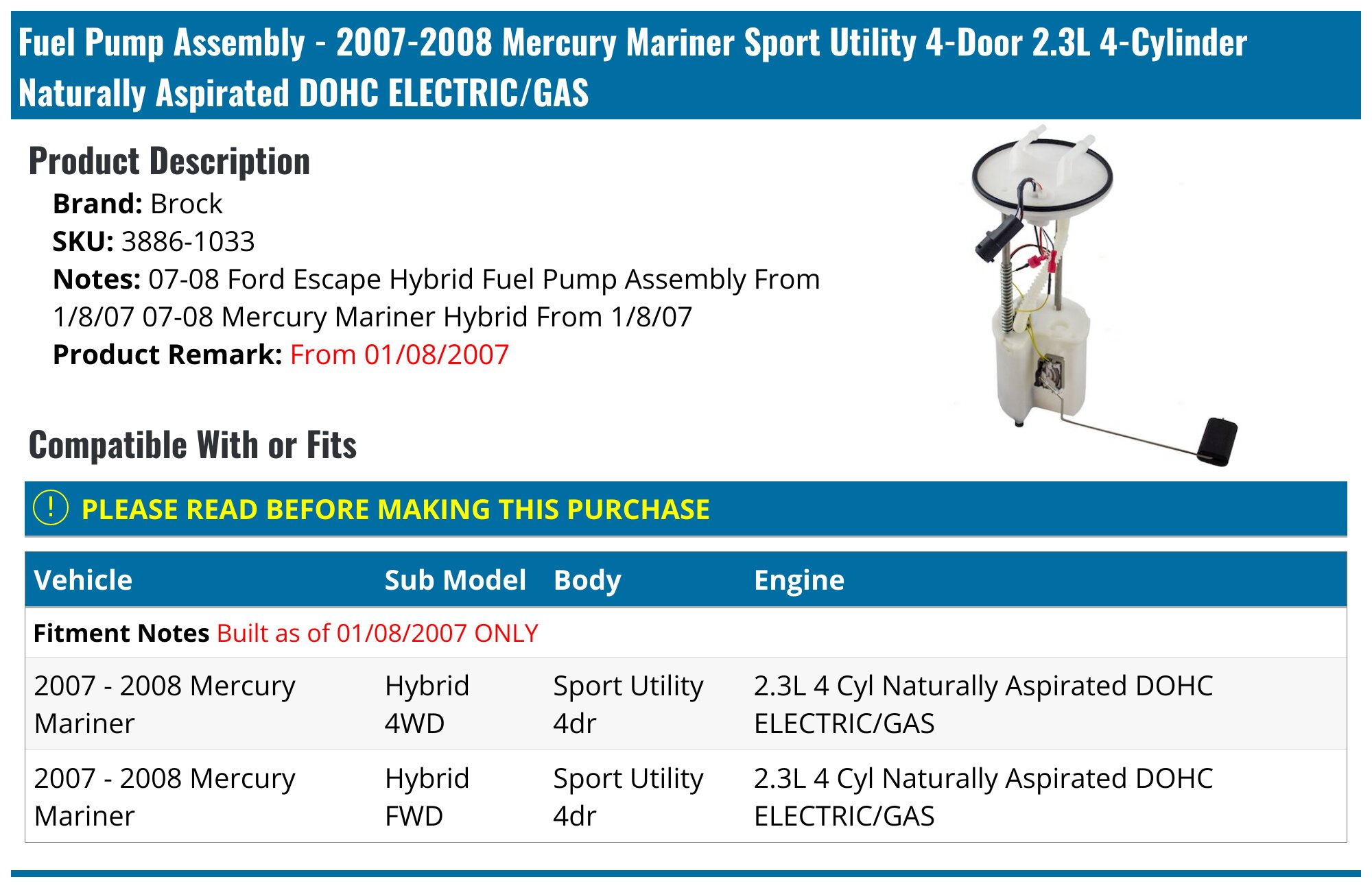 2007-2008 Mercury Mariner Fuel Pump - Brock 3886-1033 - PartsGeek.com