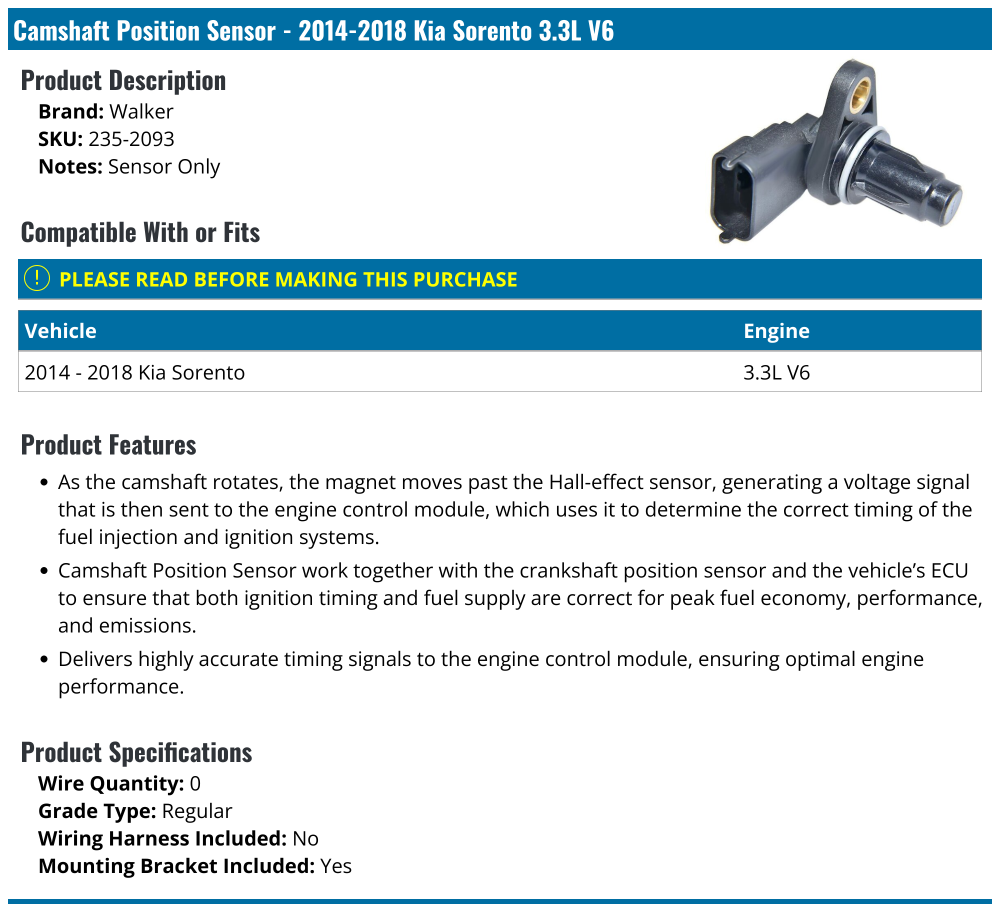 2014-2018 Kia Sorento Camshaft Position Sensor - Walker 235-2093 ...