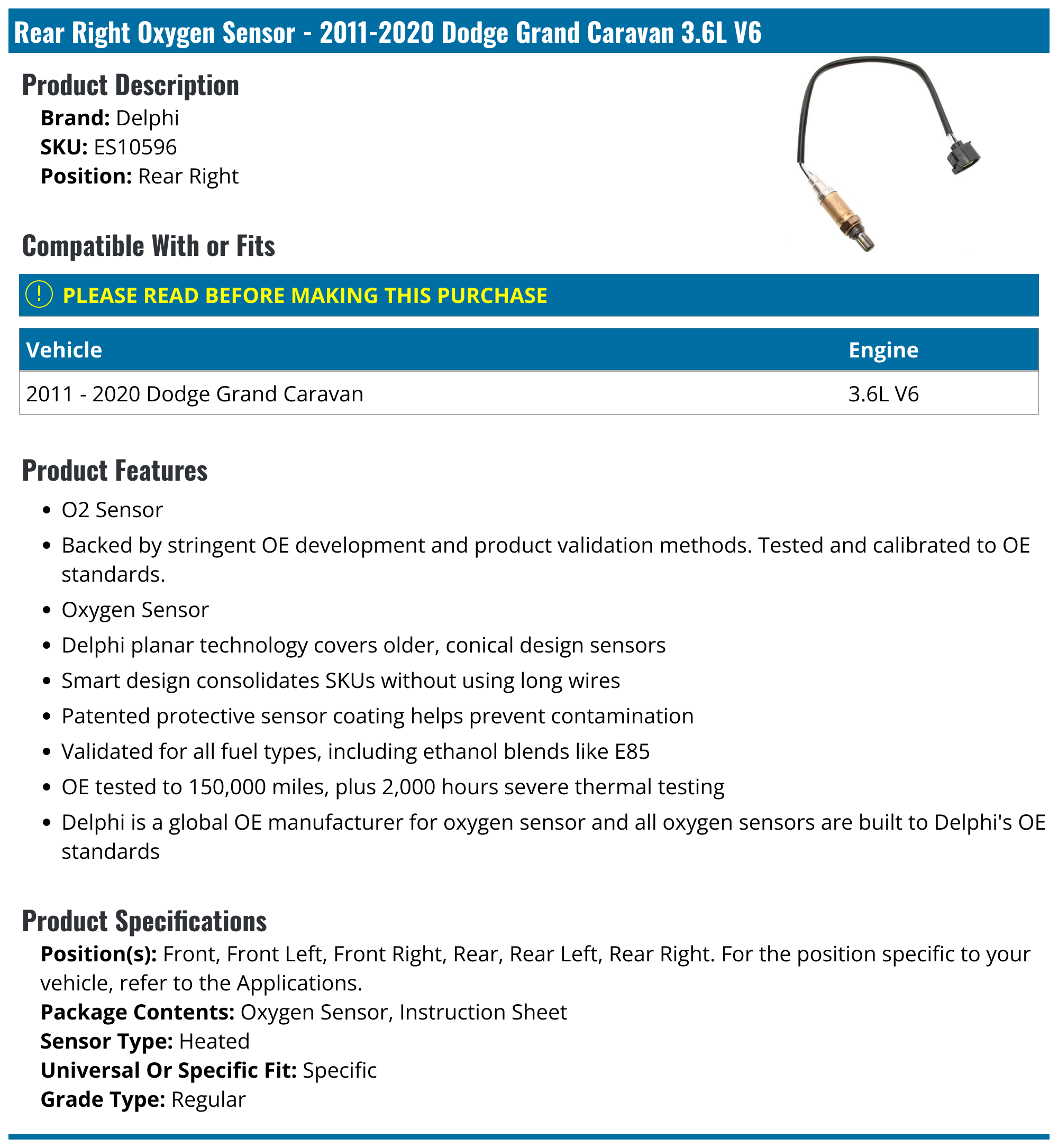 2011-2020 Dodge Grand Caravan Oxygen Sensor - Delphi ES10596 - Rear ...
