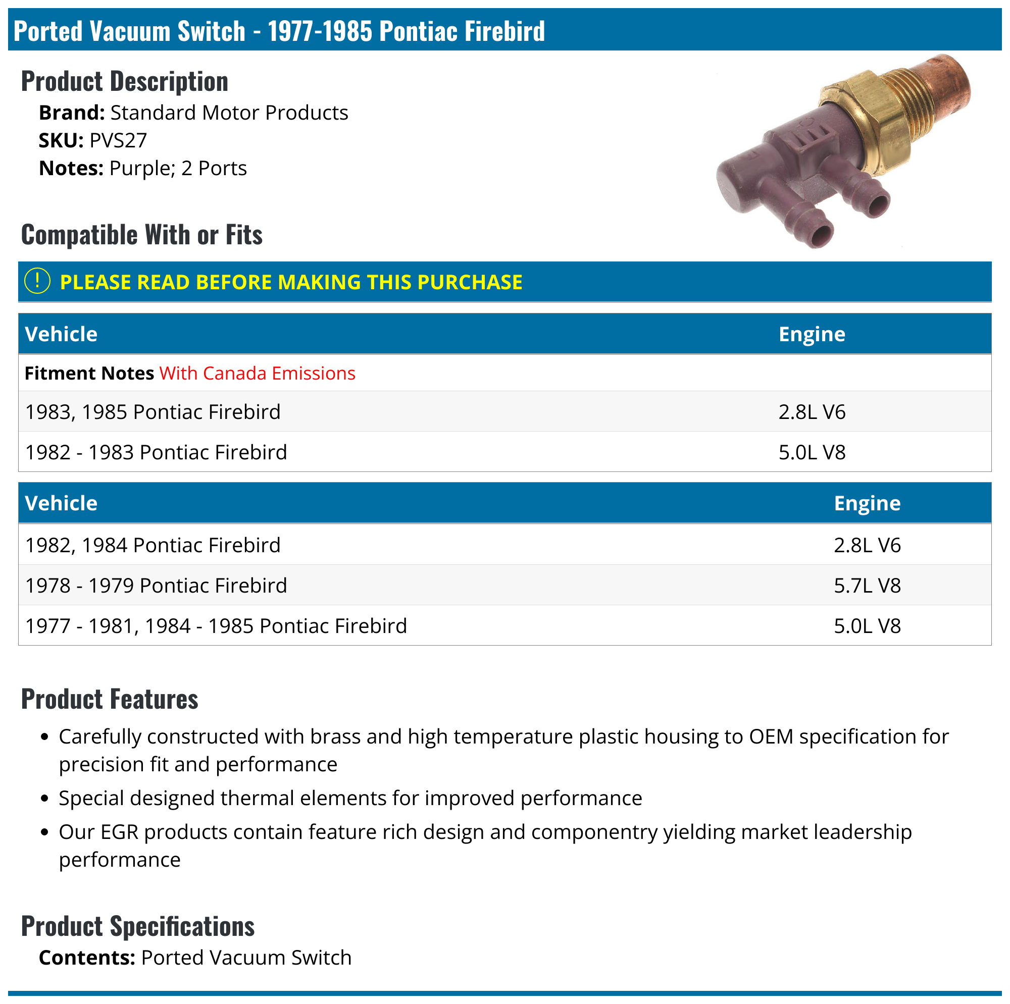 1977-1985 Pontiac Firebird Ported Vacuum Switch - Standard Motor ...