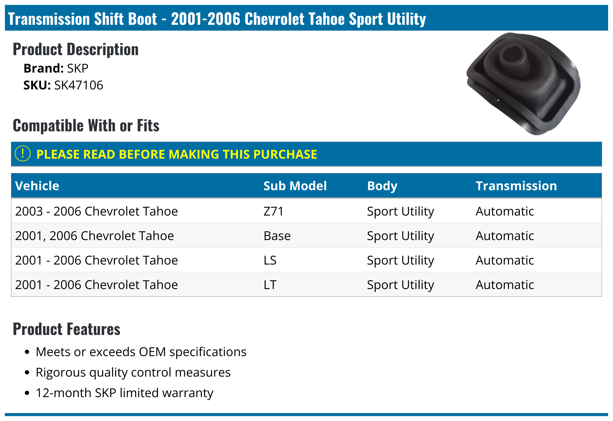 2000-2006 Chevrolet Tahoe Transmission Shift Boot - SKP SK47106 ...