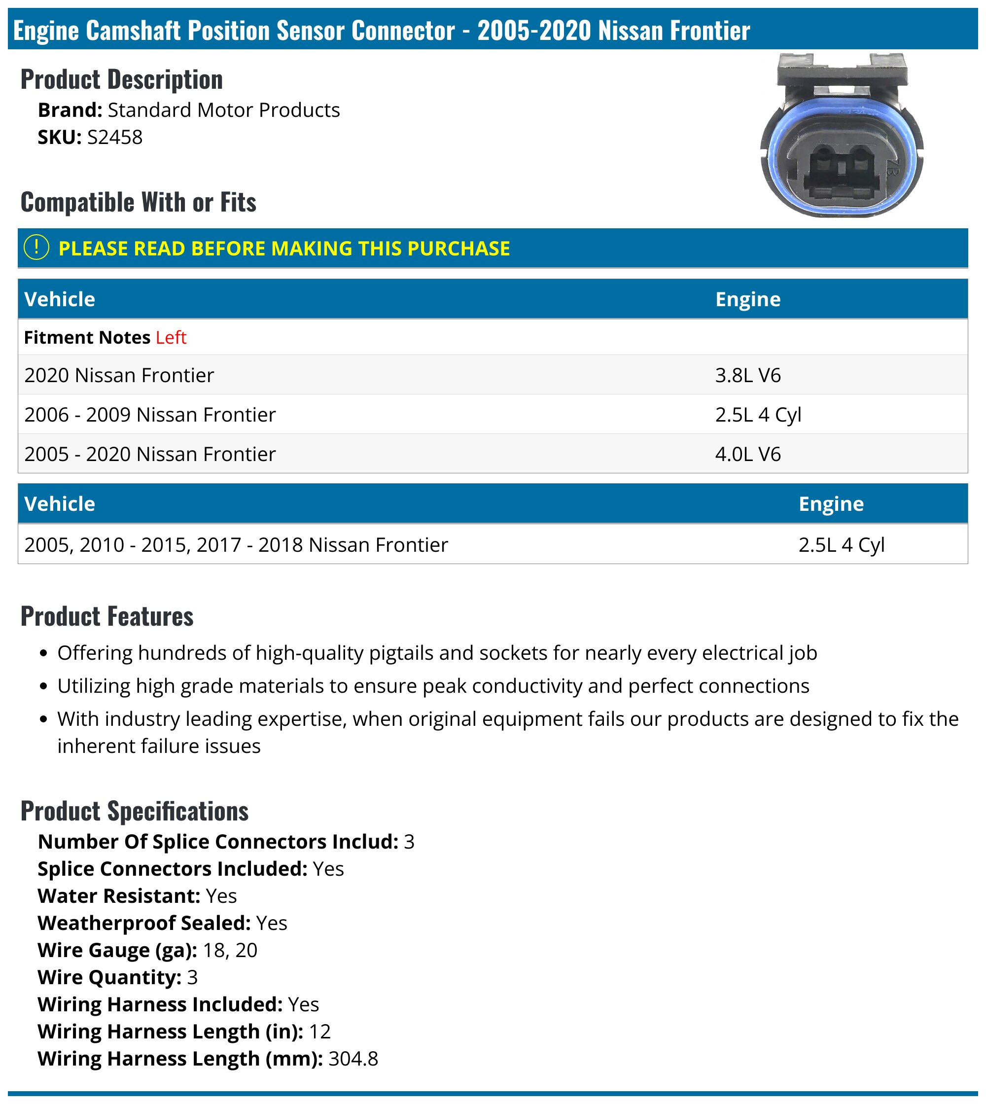 2005-2020 Nissan Frontier Engine Camshaft Position Sensor Connector ...