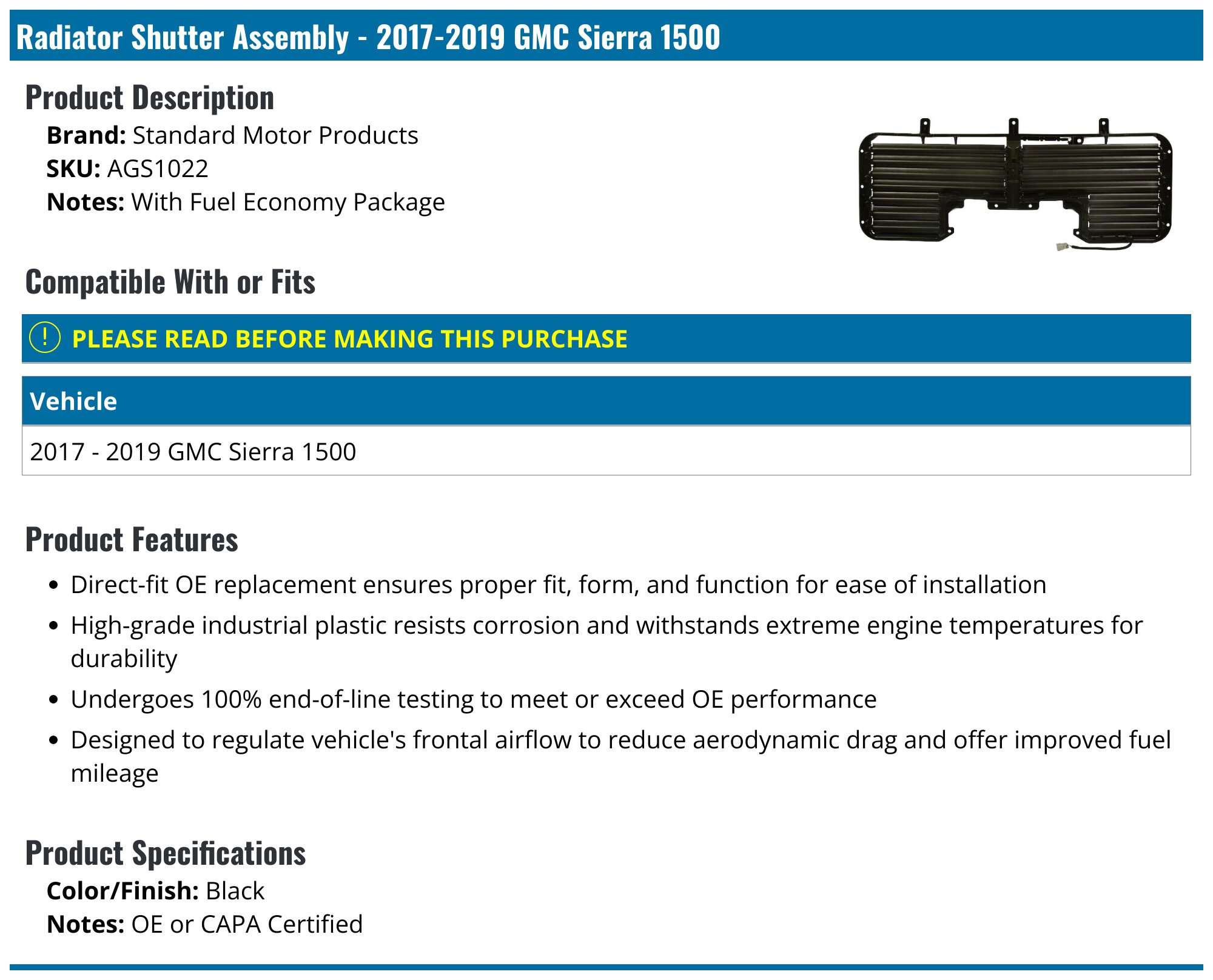 2017-2019 GMC Sierra 1500 Radiator Shutter Assembly - Standard Motor ...