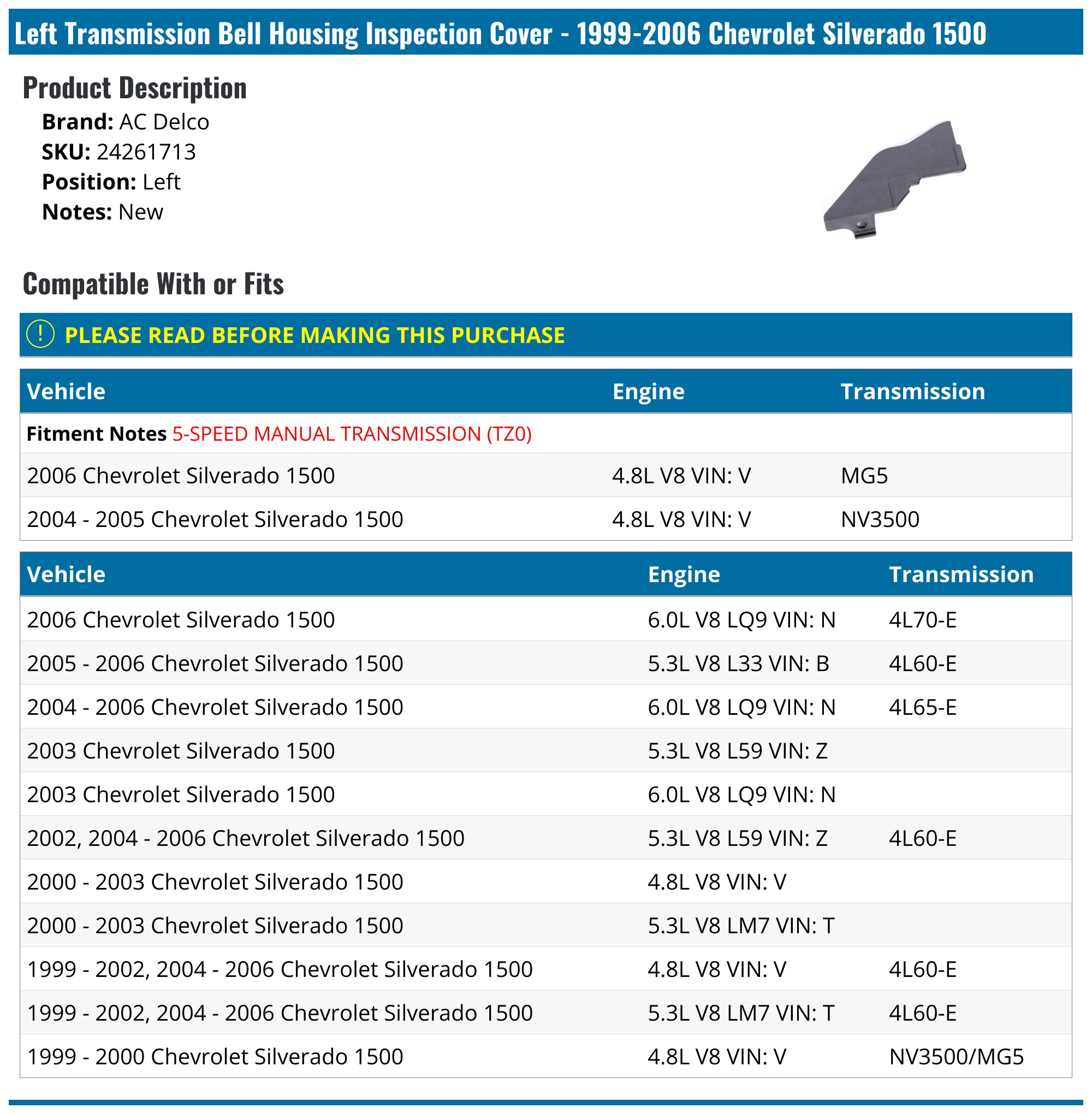 1999-2006 Chevrolet Silverado 1500 Transmission Bell Housing Inspection ...