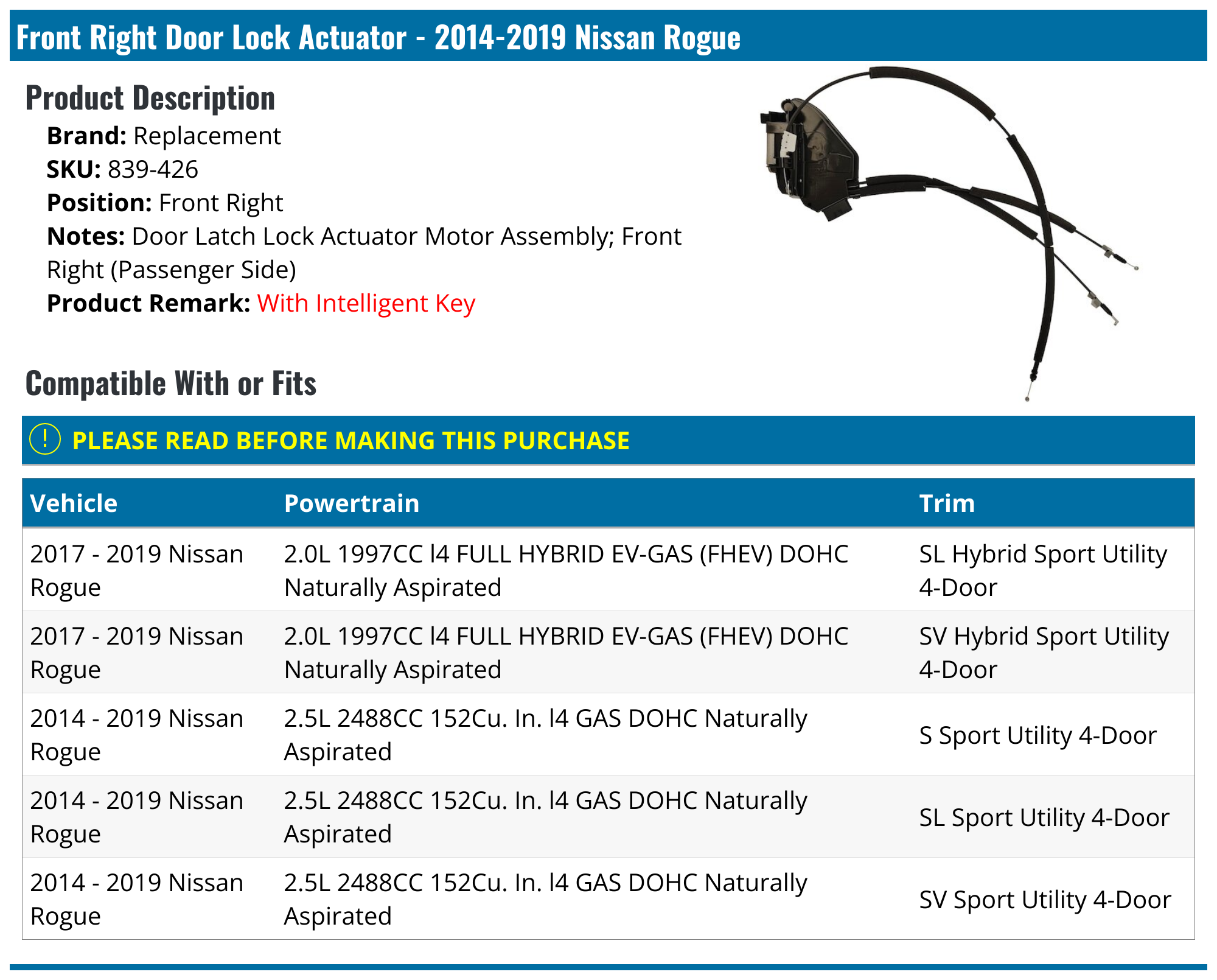 2014-2019 Nissan Rogue Door Lock Actuator - Replacement 839-426 - Front ...