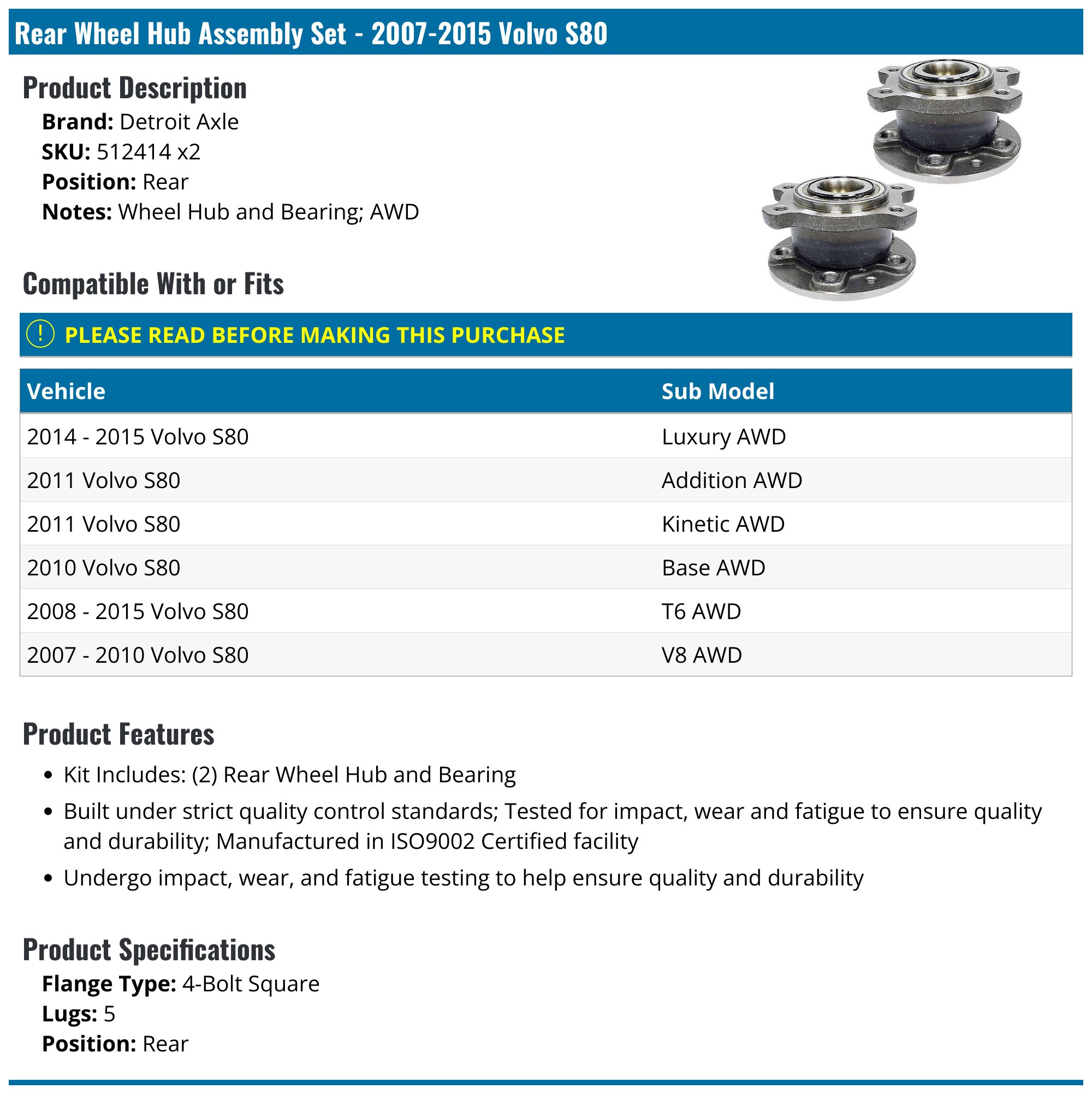 2007-2015 Volvo S80 Wheel Hub Assembly - Detroit Axle 512414 x2 - Rear ...