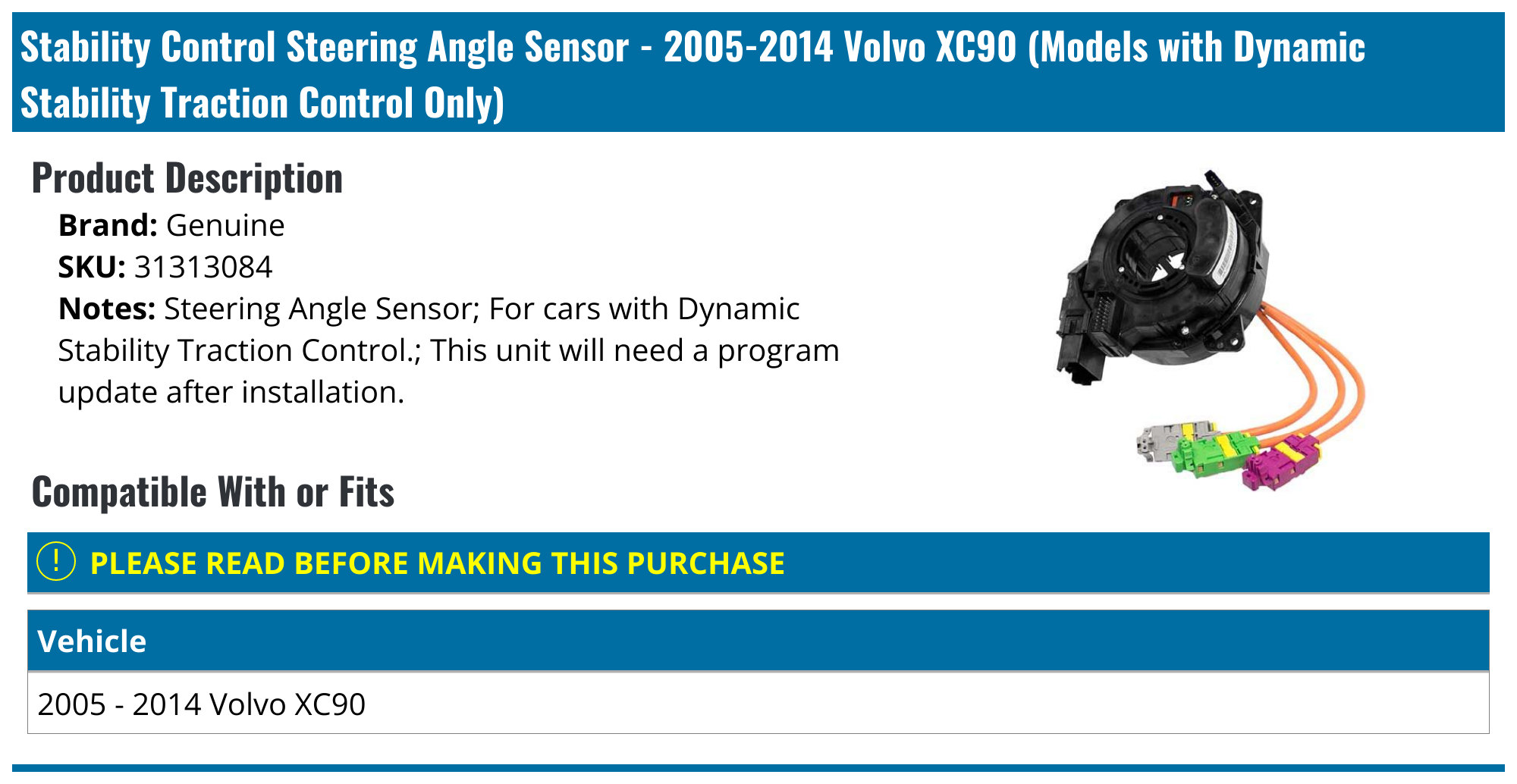 2005-2014 Volvo XC90 Air Bag Clockspring - Genuine 31313084 - PartsGeek.com