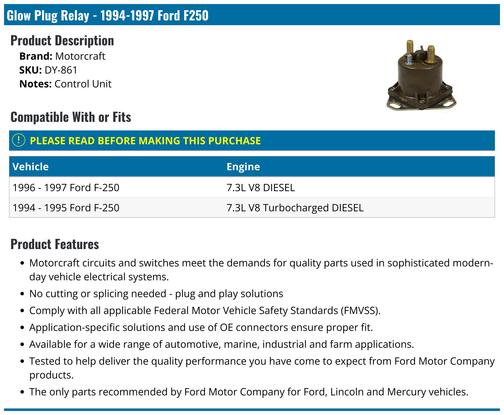 1994-1996 Ford F250 Glow Plug Relay - Motorcraft DY-861 - PartsGeek.com