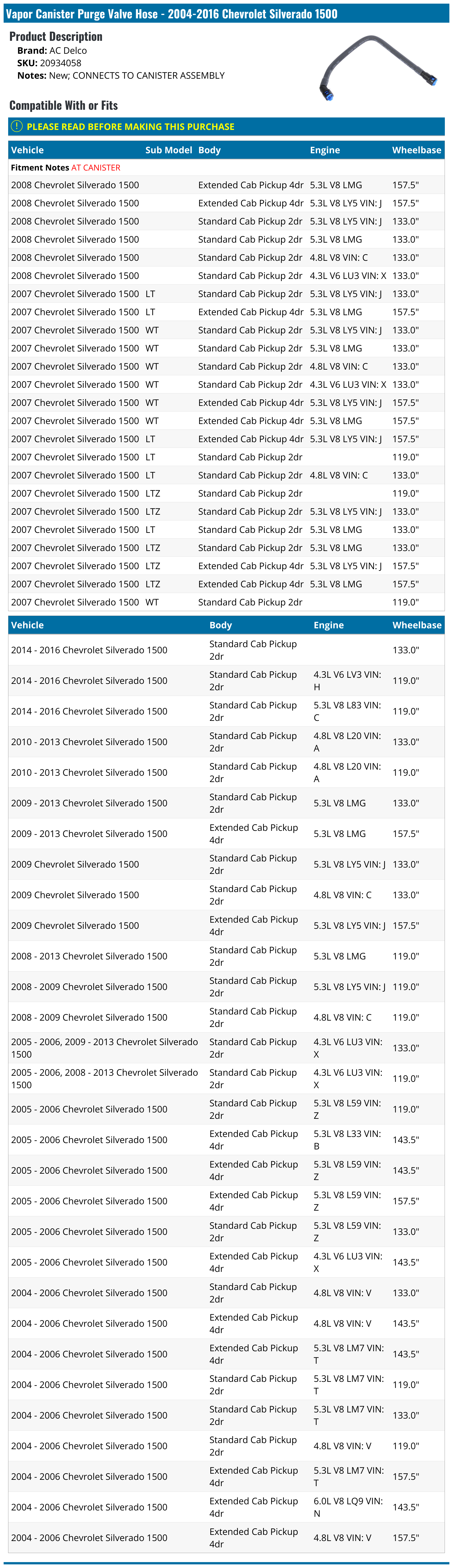2004-2016 Chevrolet Silverado 1500 Vapor Canister Purge Valve Hose - AC ...