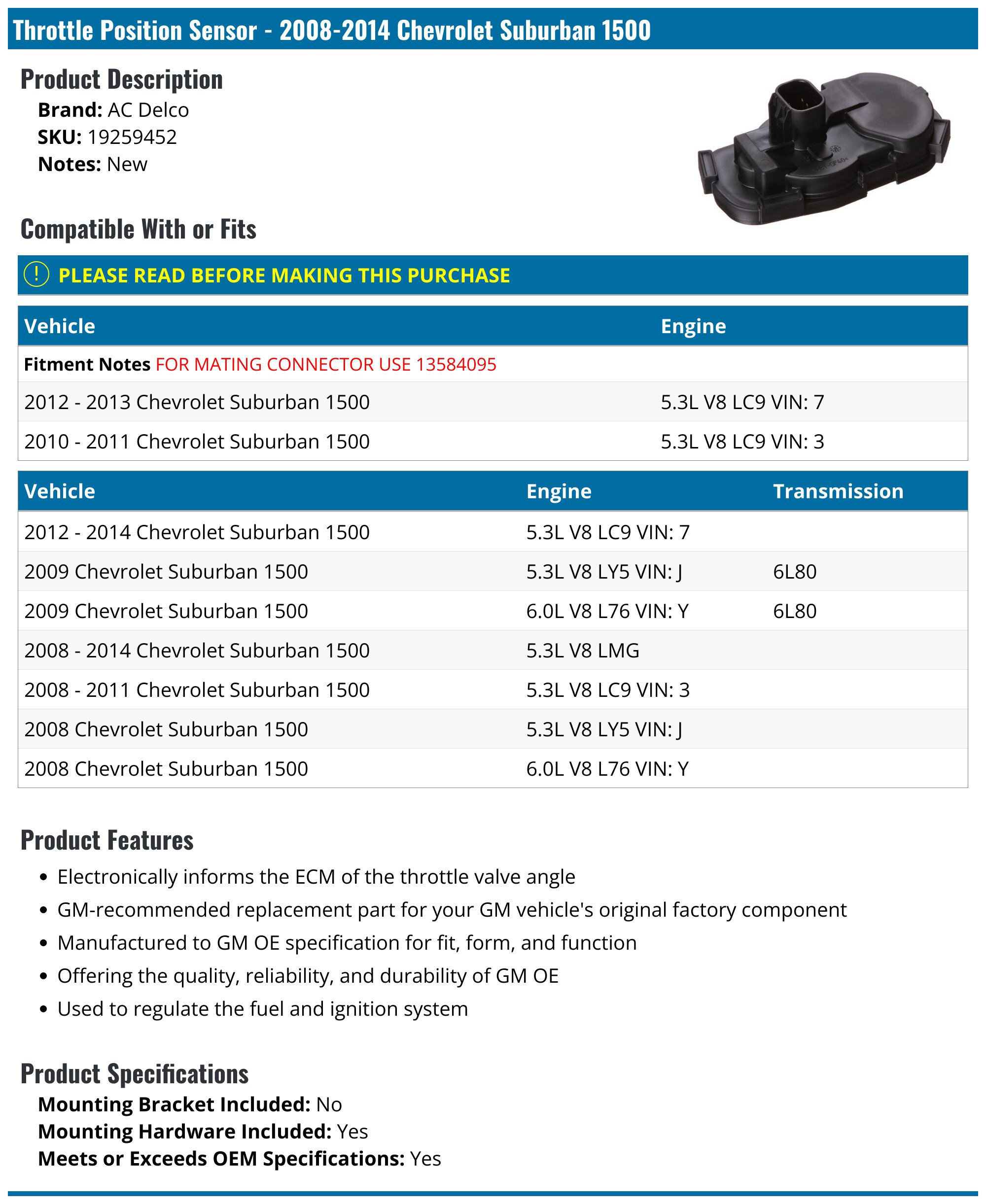 2008-2014 Chevrolet Suburban 1500 Throttle Position Sensor - AC Delco ...