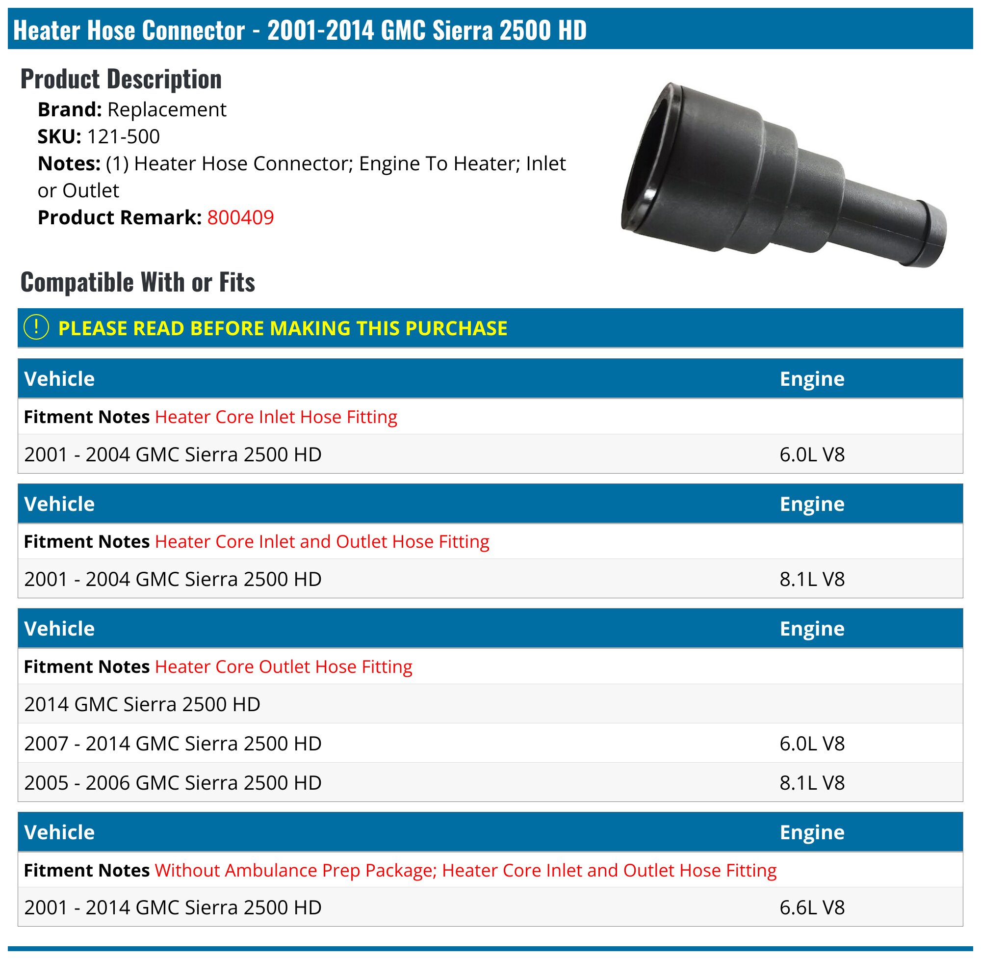 2001-2014 GMC Sierra 2500 HD Heater Hose Connector - Replacement 121 ...