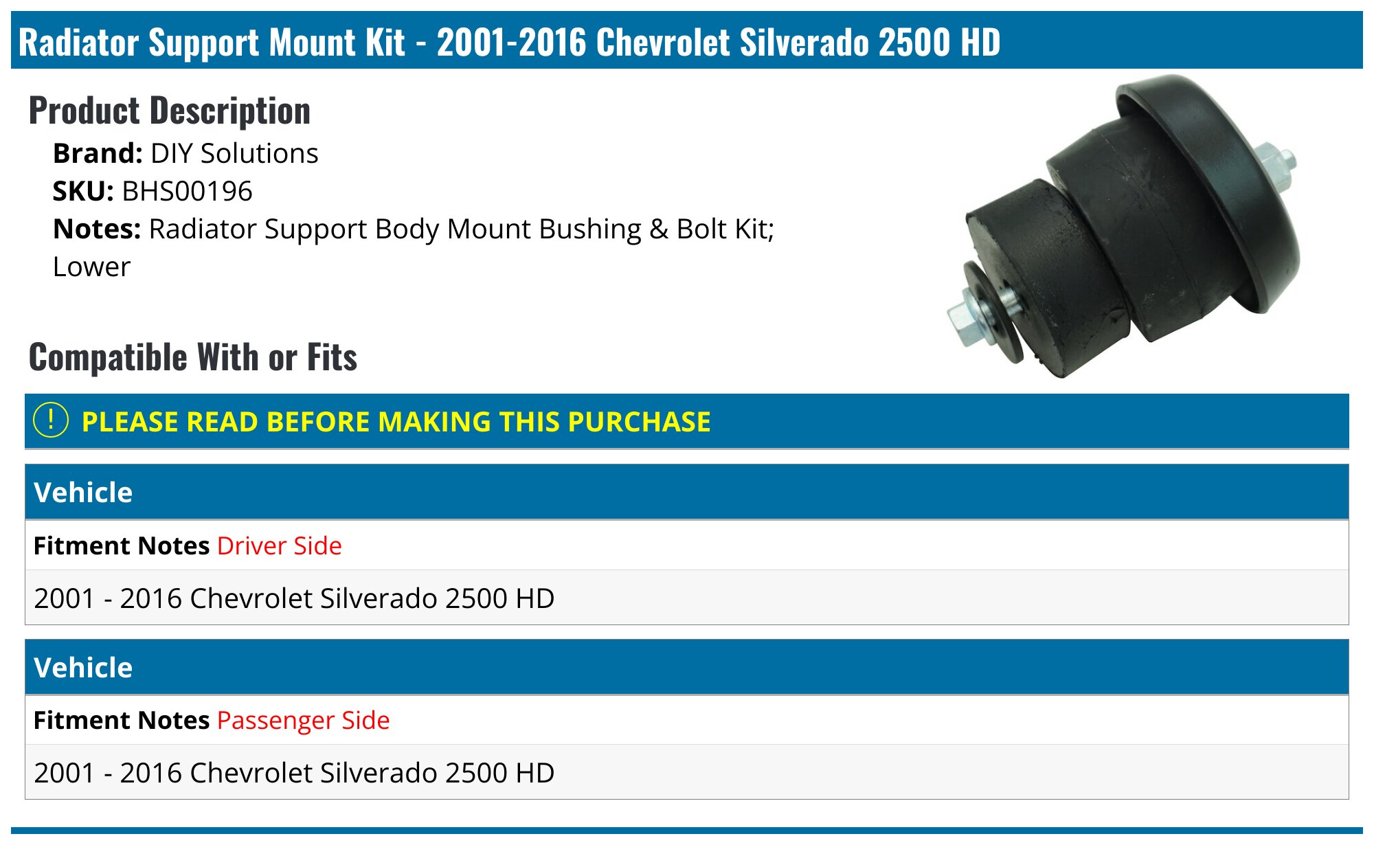 2001-2016 Chevrolet Silverado 2500 HD Radiator Support Mount Kit - DIY ...