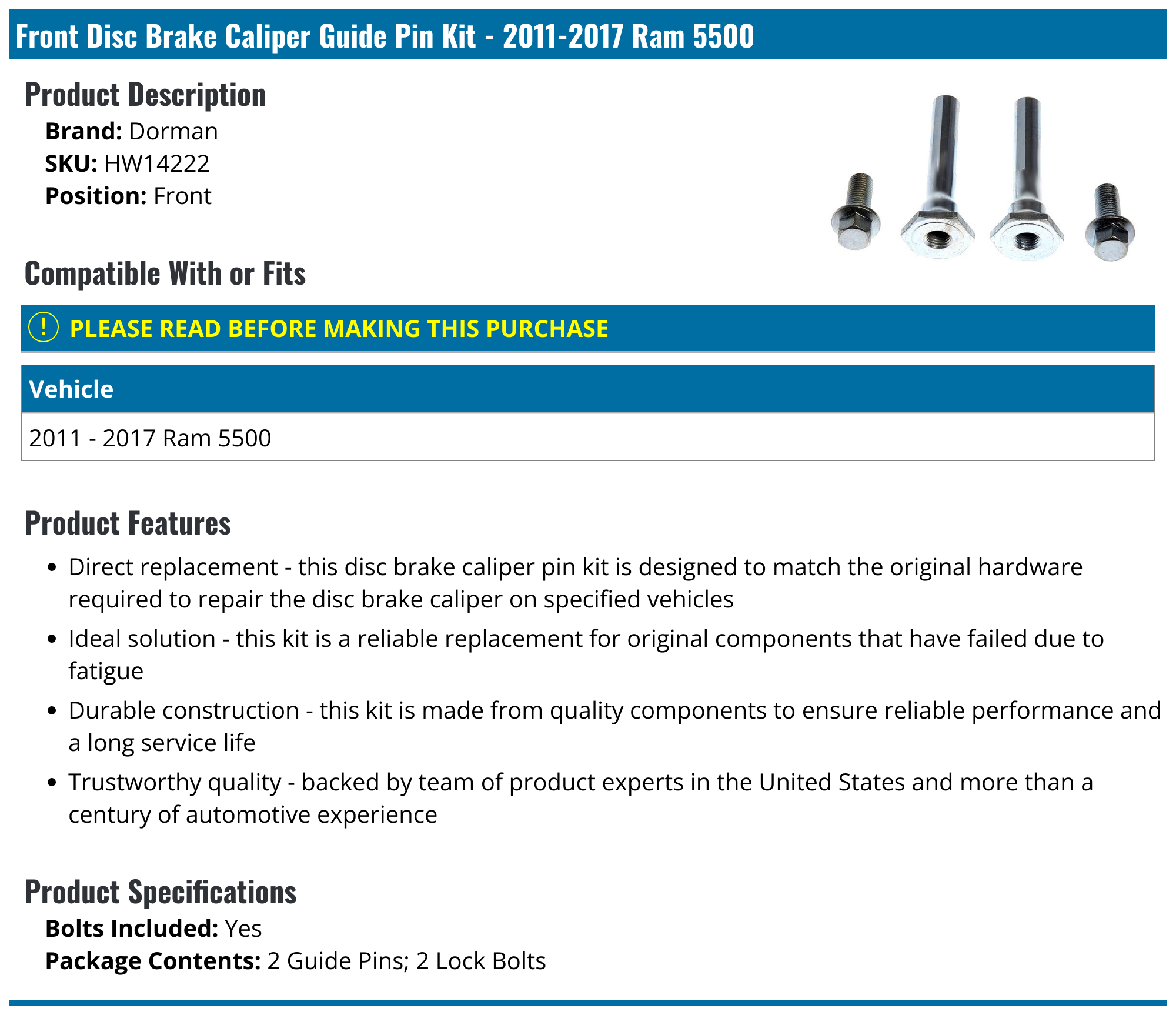 2011-2024 Ram 5500 Disc Brake Caliper Guide Pin Kit - Dorman HW14222 ...