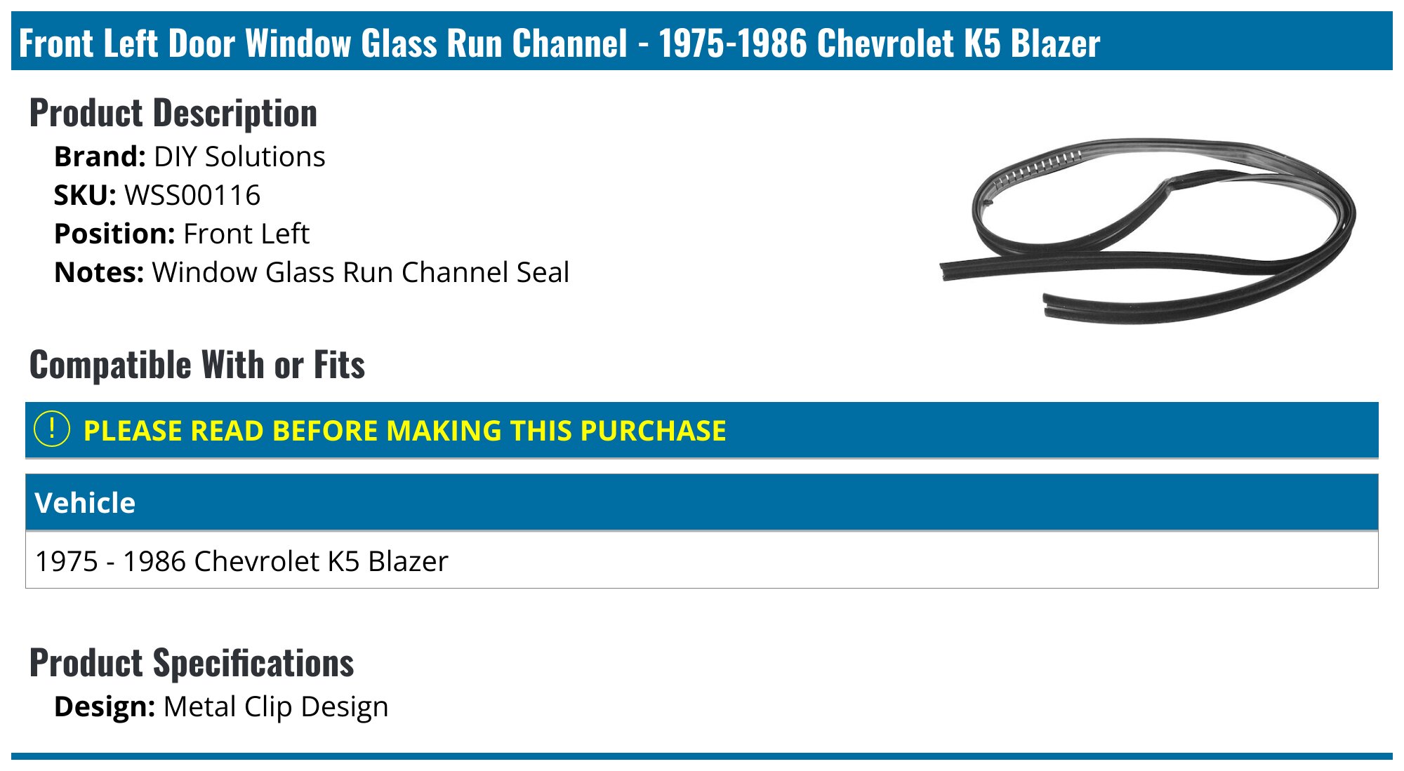 1975-1986 Chevrolet K5 Blazer Door Window Glass Run Channel - DIY ...