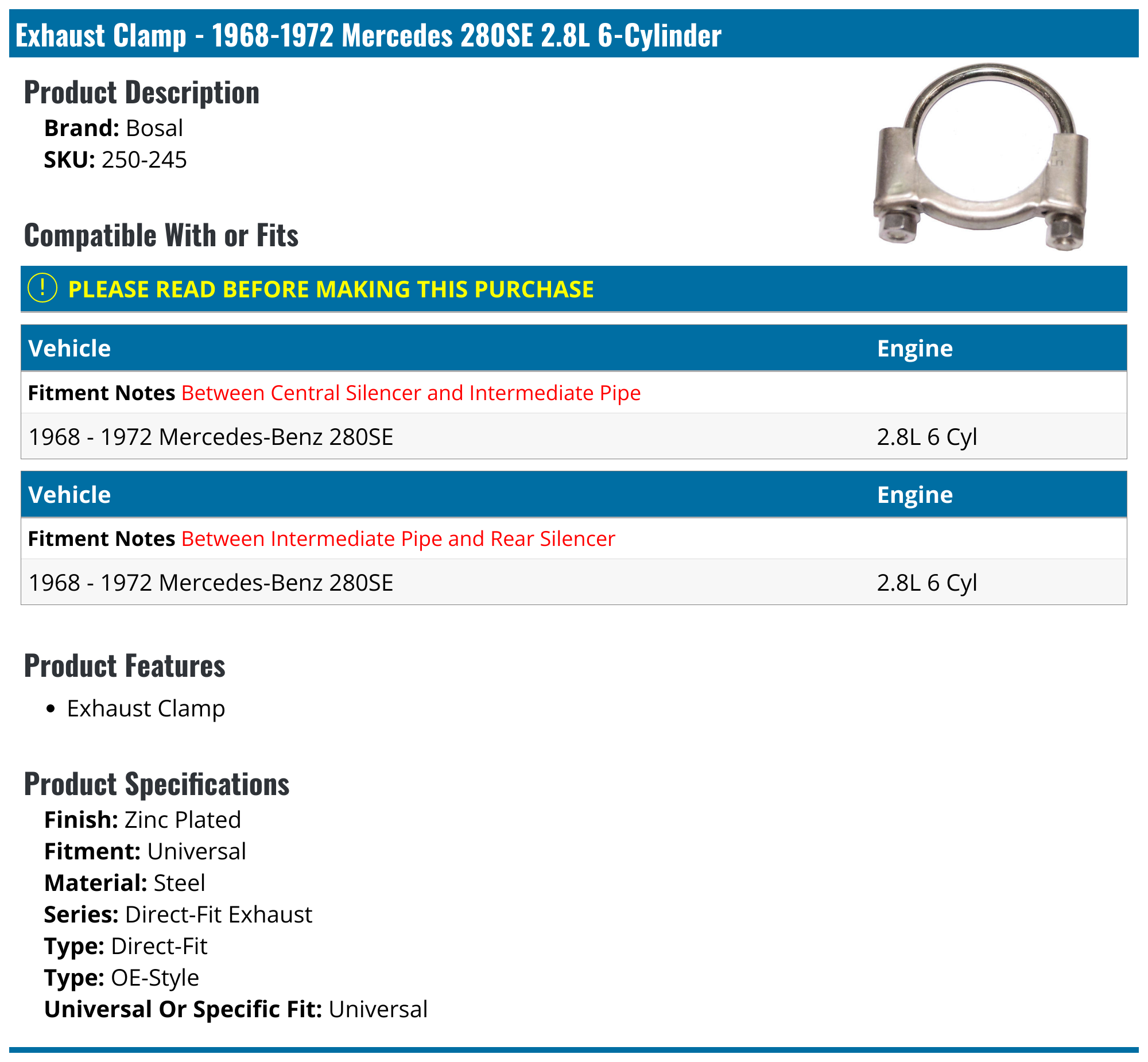 1968-1972 Mercedes 280SE Exhaust Clamp - Bosal 250-245 - Muffler To ...