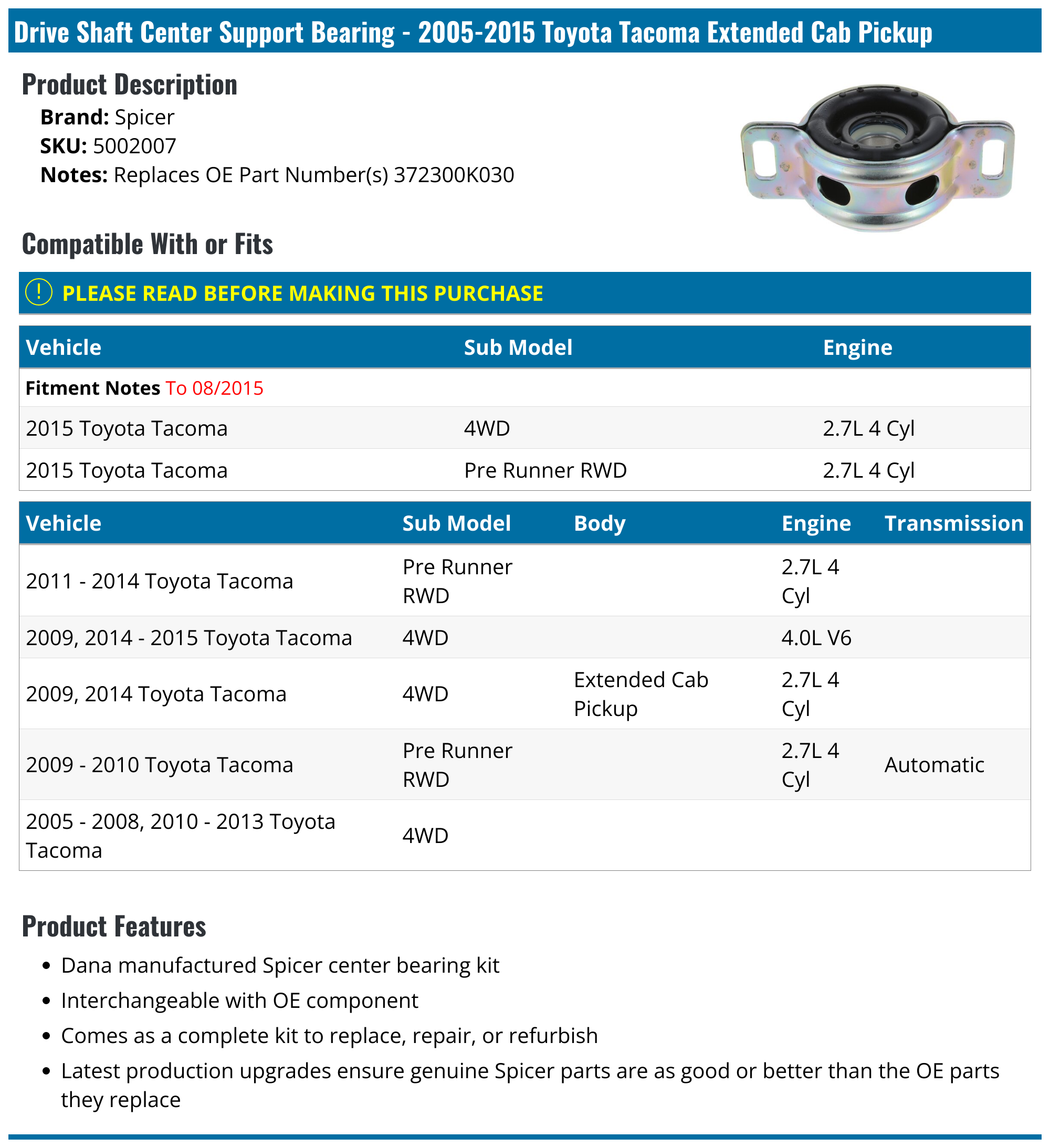 2005-2015 Toyota Tacoma Drive Shaft Center Support Bearing - Spicer ...