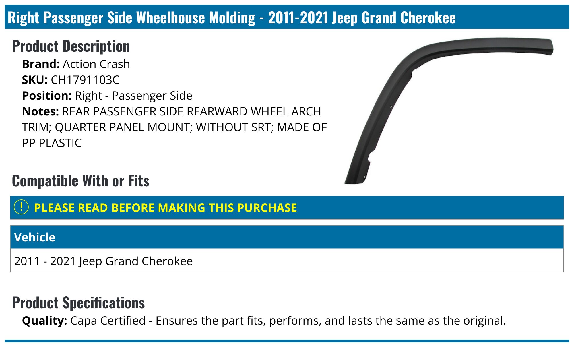 2011-2021 Jeep Grand Cherokee Wheelhouse Molding - Action Crash ...