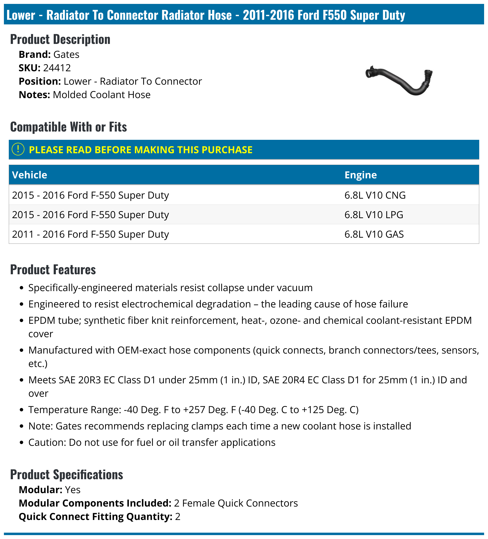 2011-2016 Ford F550 Super Duty Radiator Hose - Gates 24412 - Lower ...