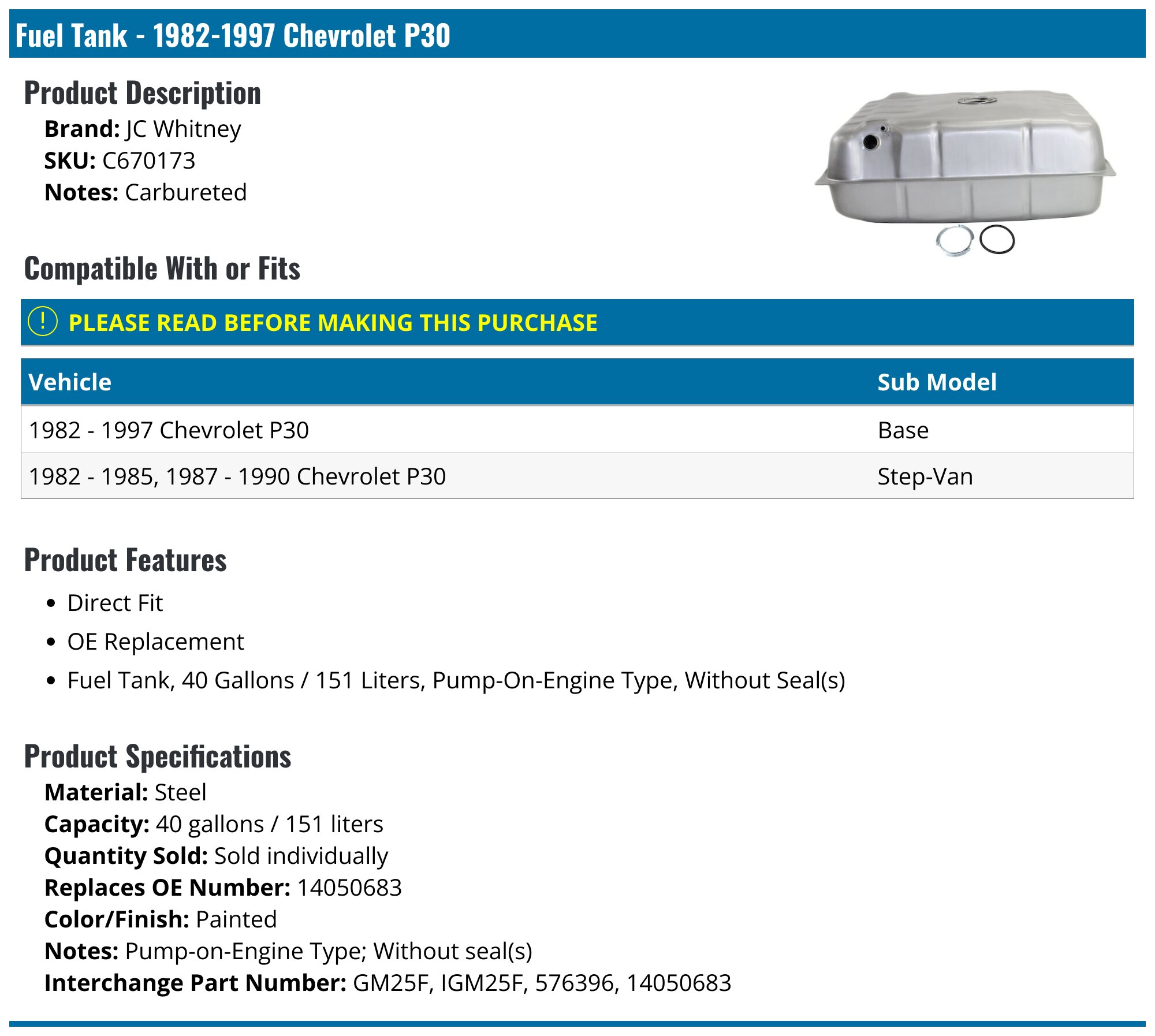 1982-1997 Chevrolet P30 Fuel Tank - JC Whitney C670173 - PartsGeek.com