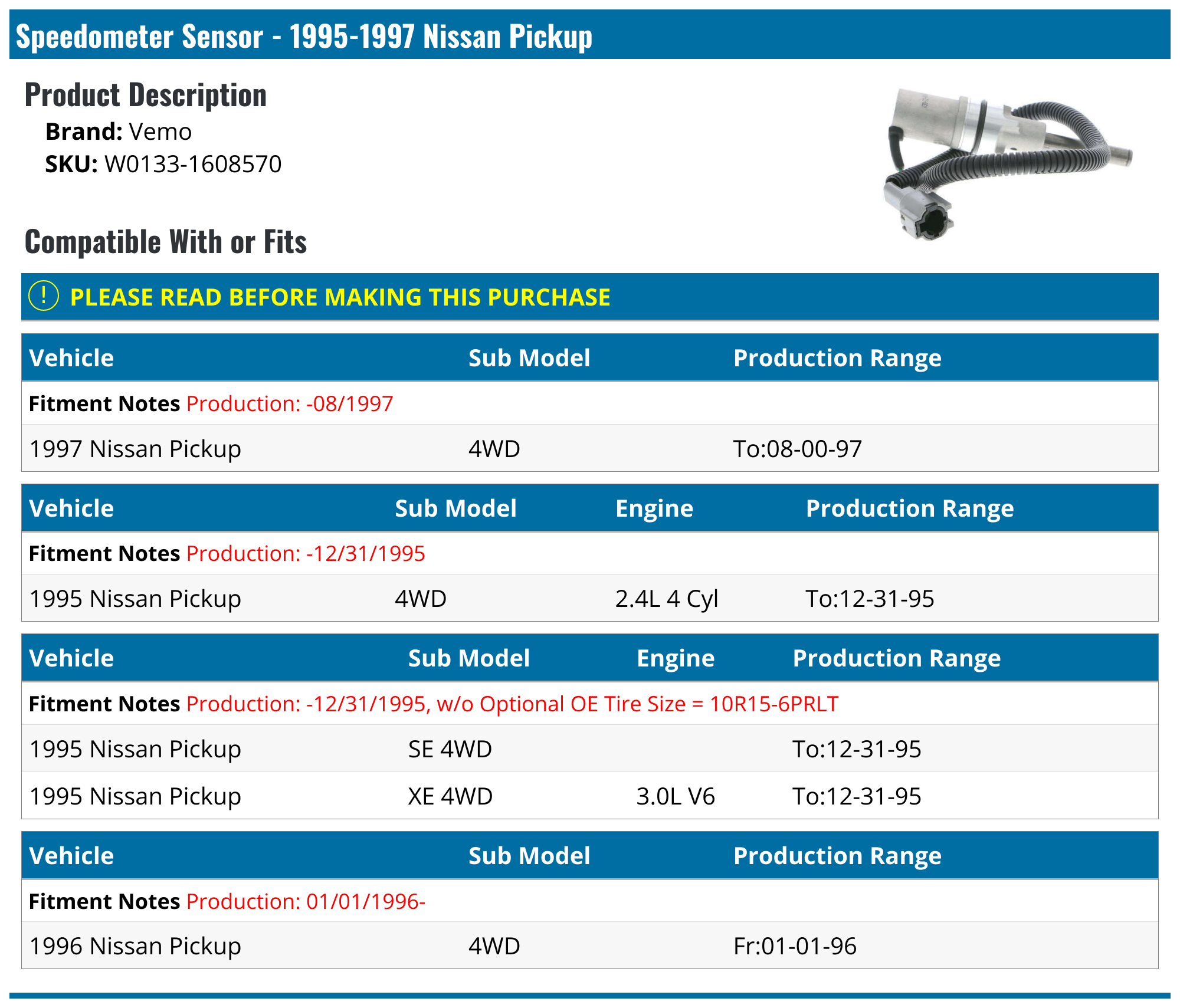 1995-1997 Nissan Pickup Speedometer Sensor - Vemo W0133-1608570 ...