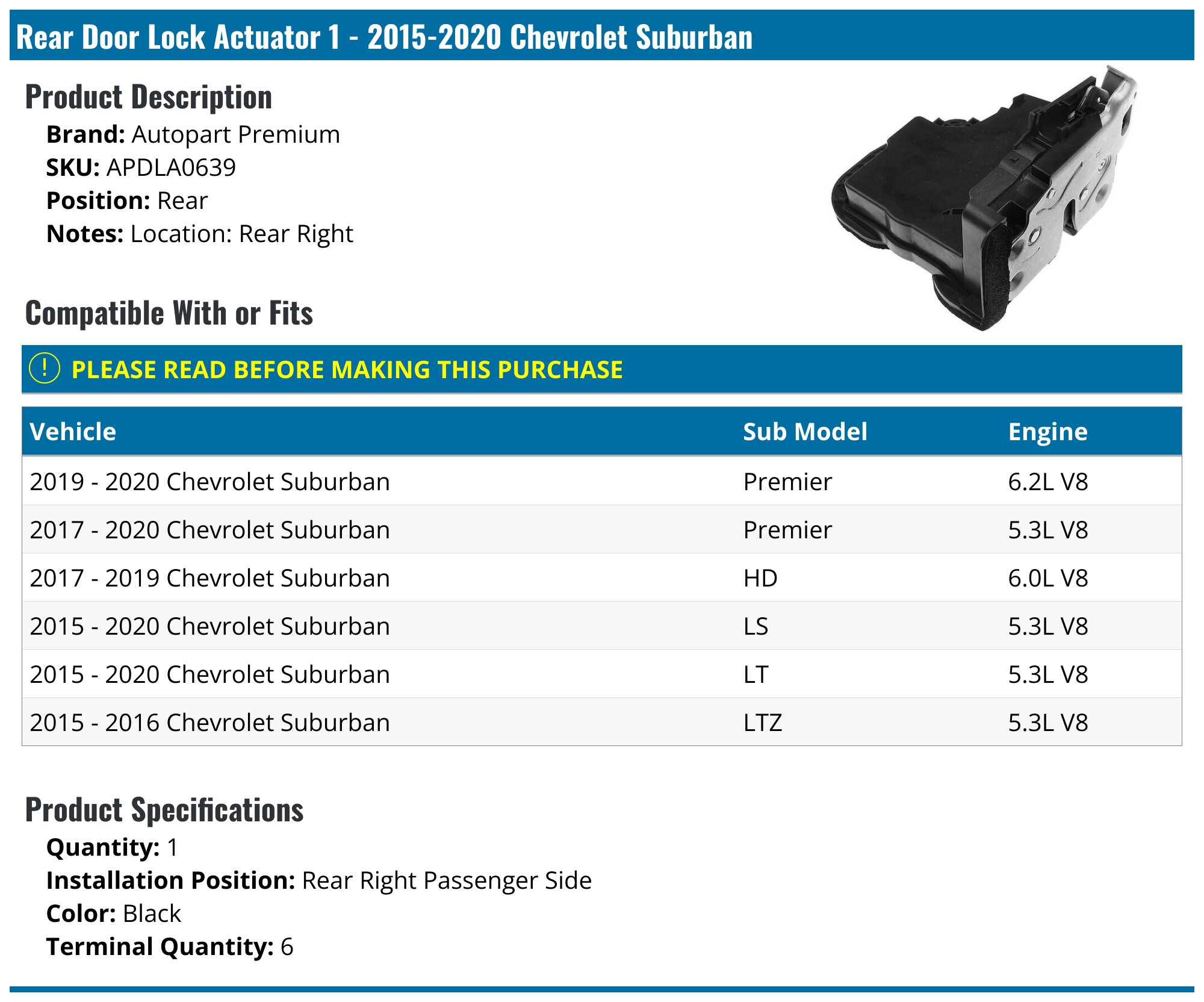 2015-2020 Chevrolet Suburban Door Lock Actuator - Autopart Premium ...