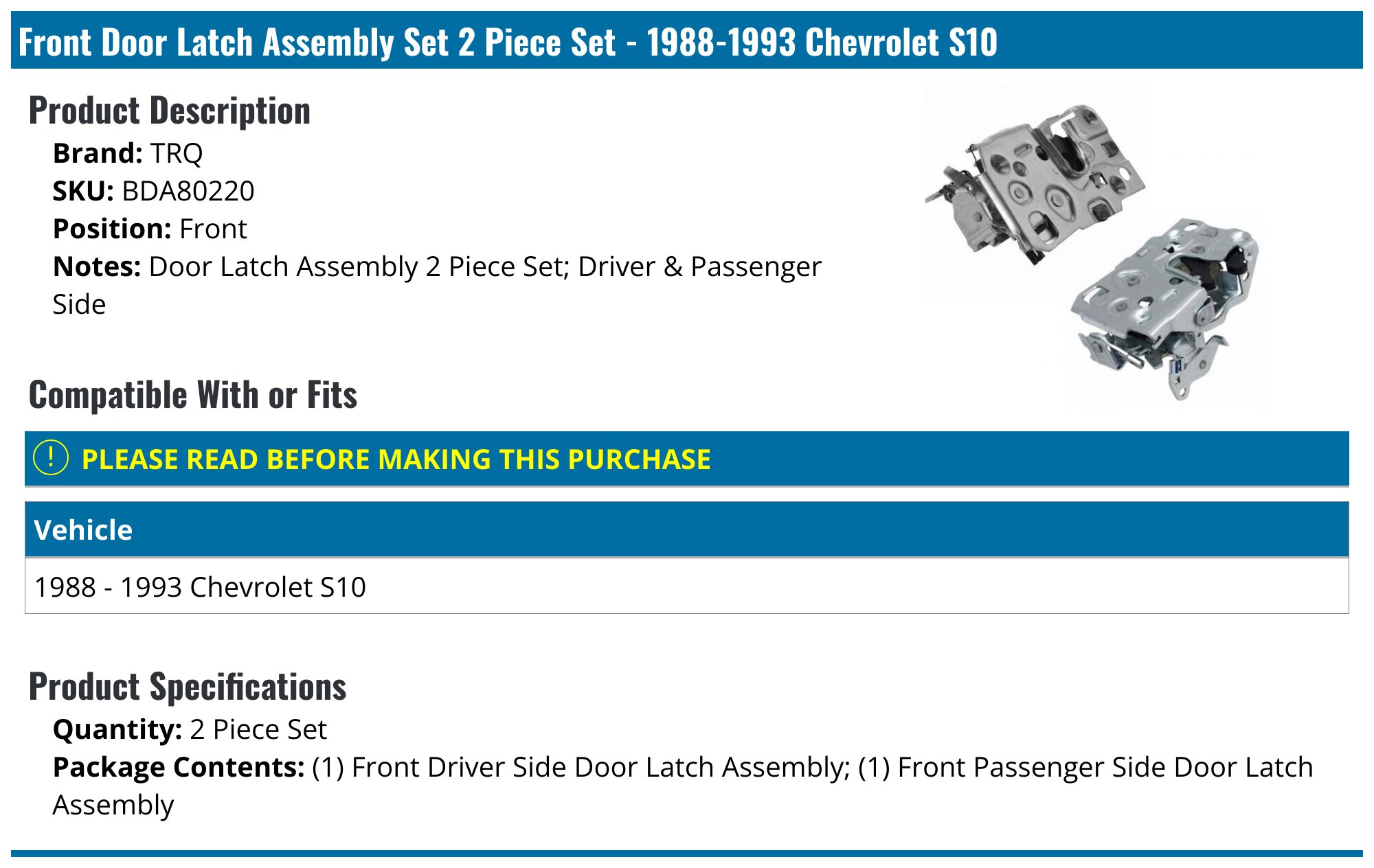 1988-1993 Chevrolet S10 Door Latch Assembly - TRQ BDA80220 - Front ...