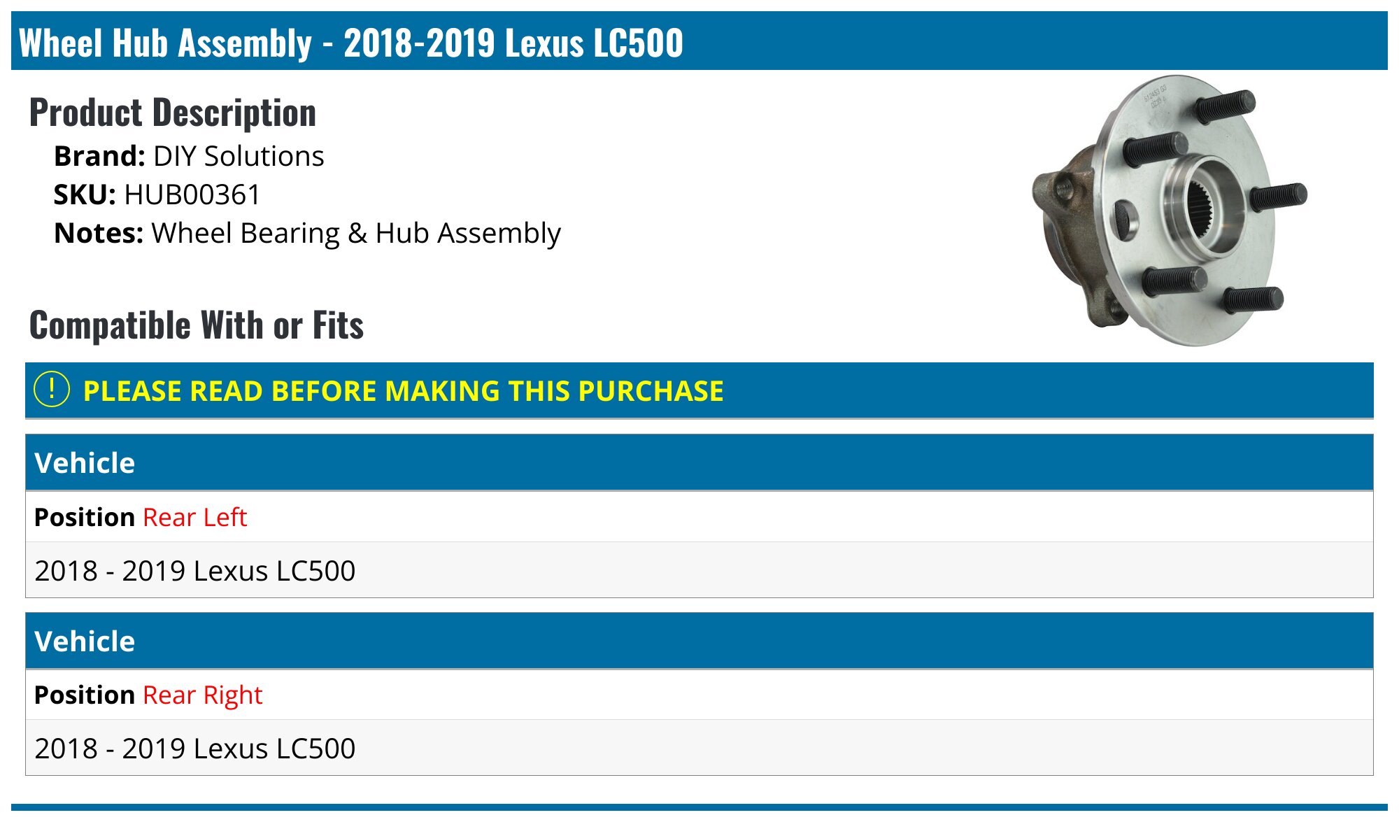 2018-2019 Lexus LC500 Wheel Hub Assembly - DIY Solutions HUB00361 ...