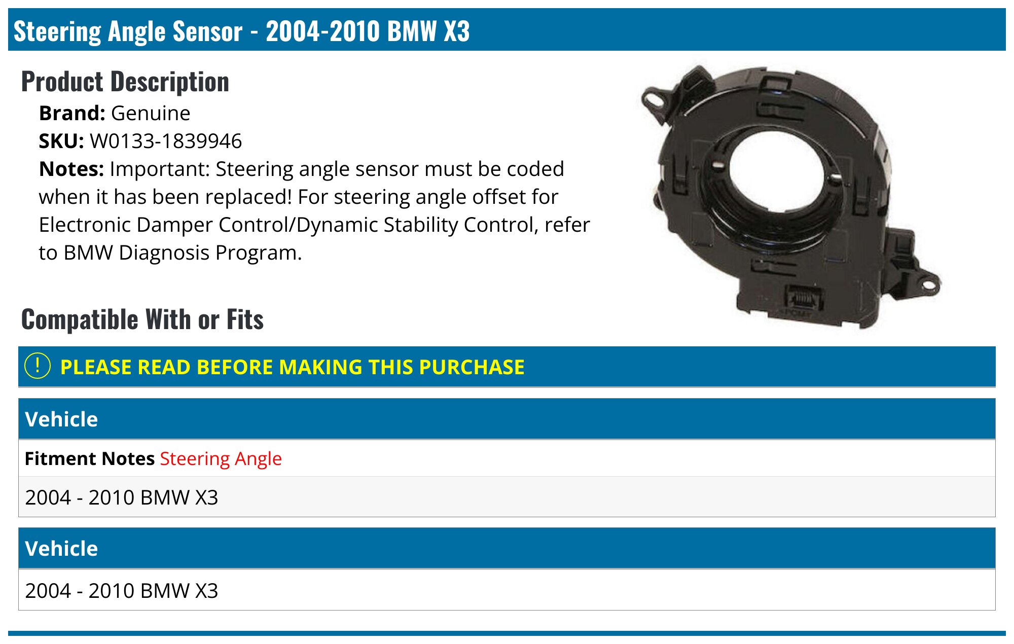 2004-2010 BMW X3 Steering Angle Sensor - Genuine W0133-1839946 ...