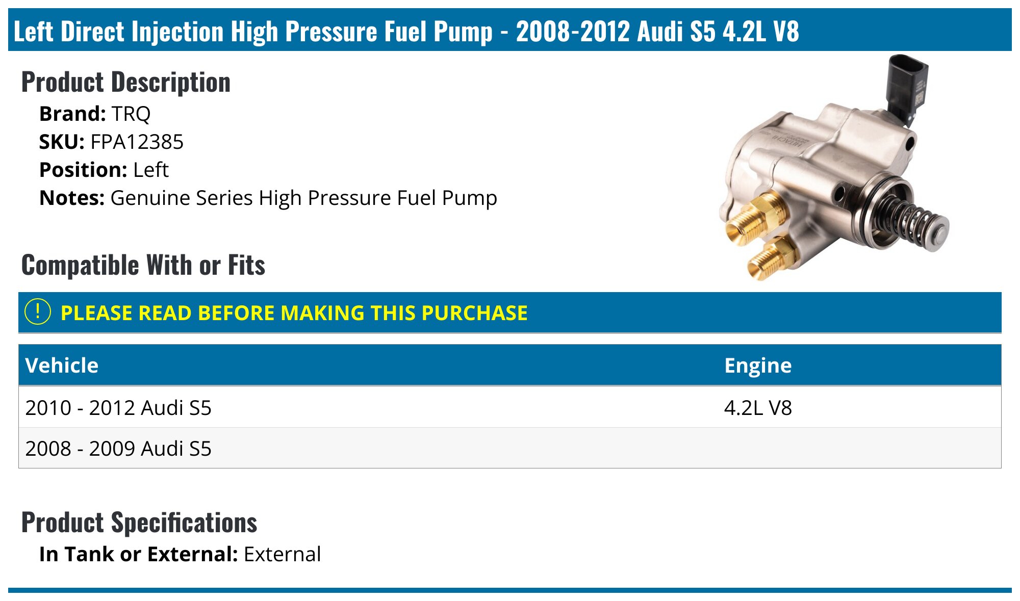 2008-2012 Audi S5 Fuel Pump - TRQ FPA12385 - Left - PartsGeek.com