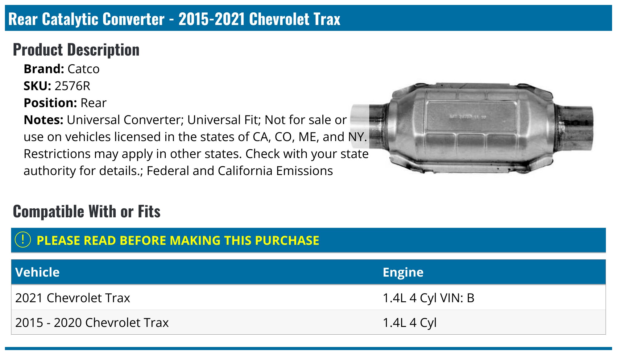 2015-2021 Chevrolet Trax Catalytic Converter - Catco 2576R - Rear ...