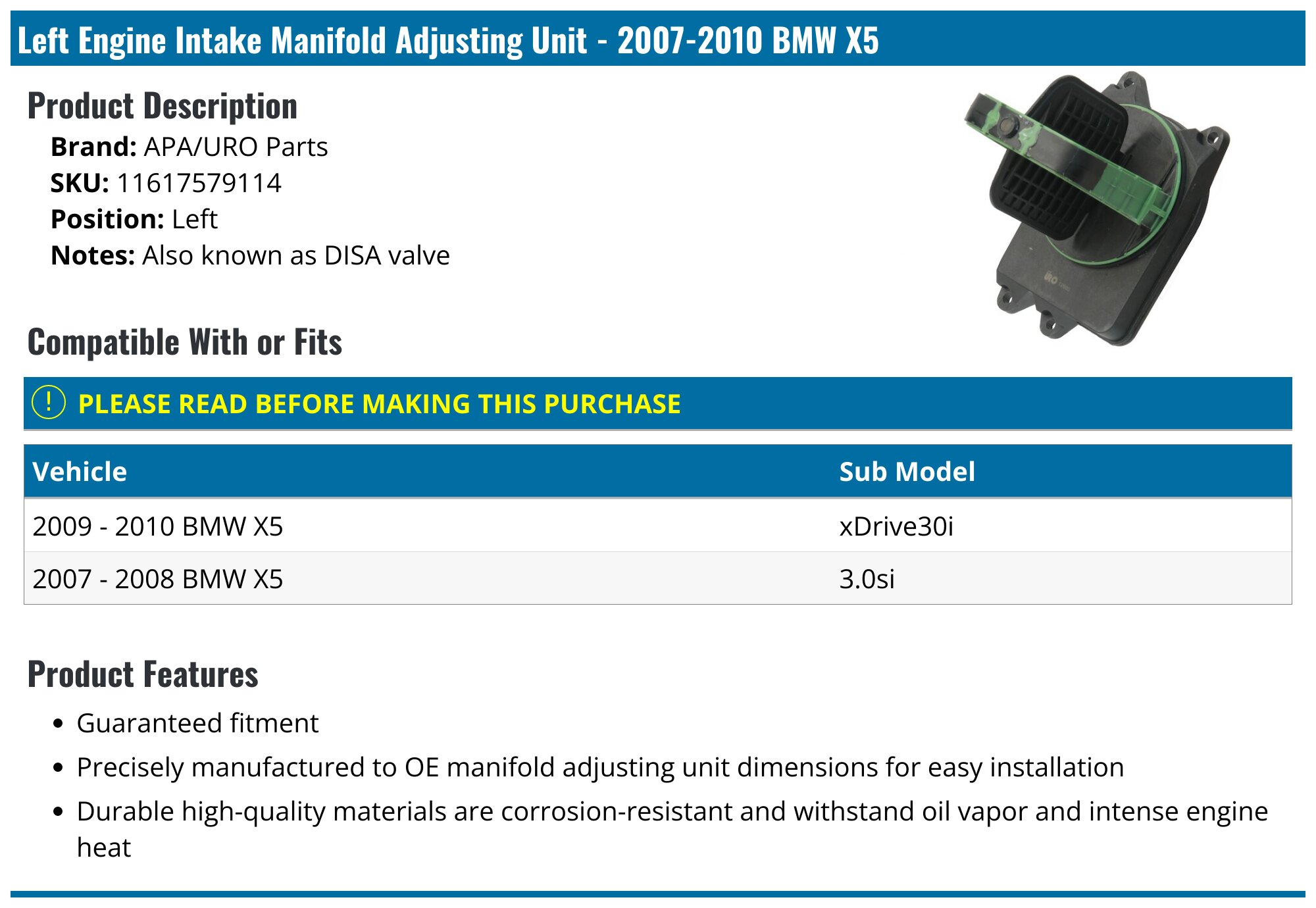 2007-2010 BMW X5 Engine Intake Manifold Adjusting Unit - APA/URO Parts ...