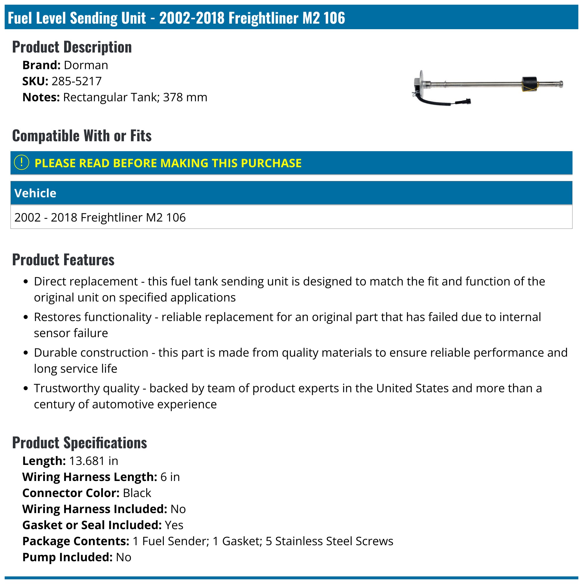 2002-2018 Freightliner M2 106 Fuel Tank Sending Unit - Dorman 285-5217 ...