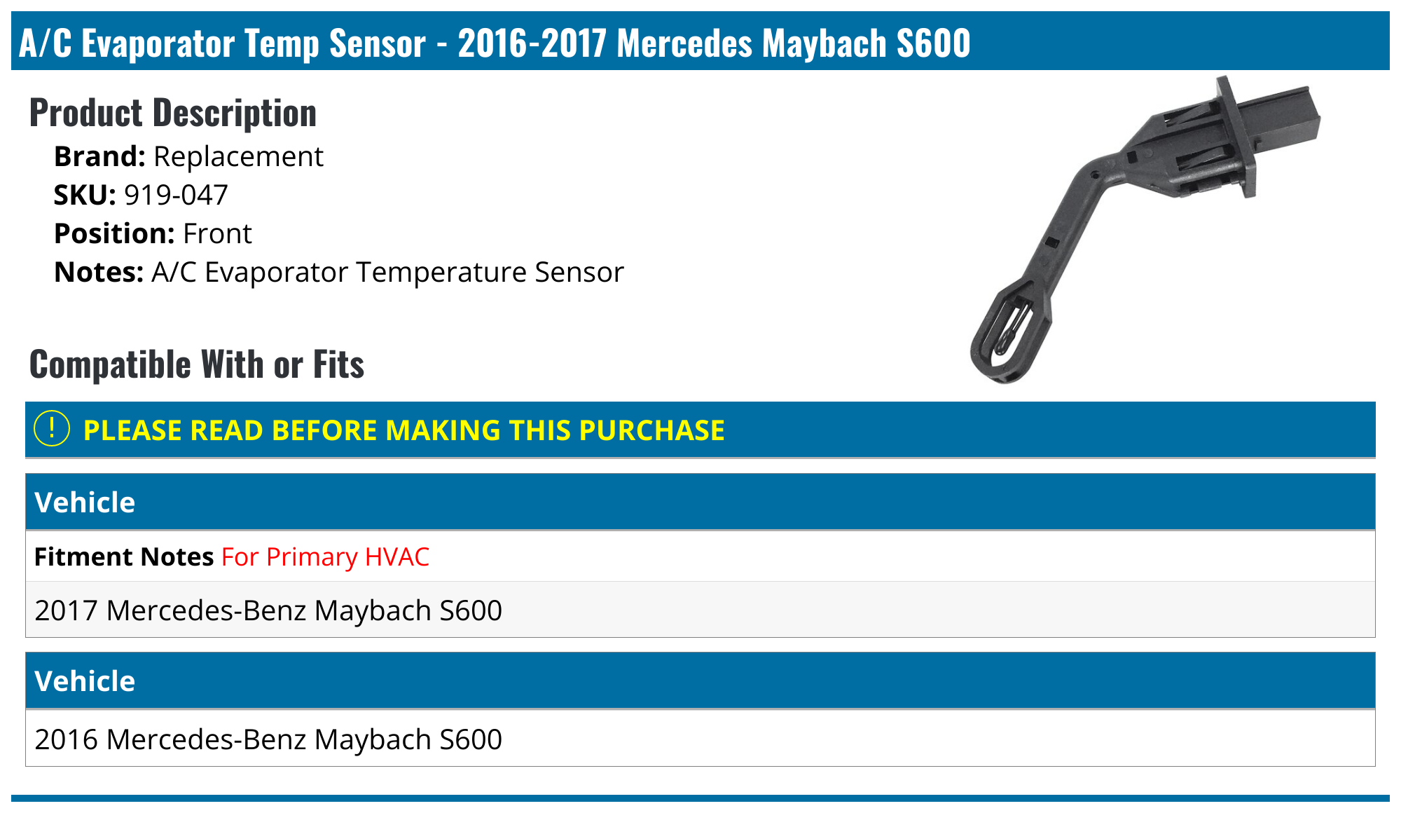 2016-2017 Mercedes Maybach S600 A/C Evaporator Temp Sensor ...