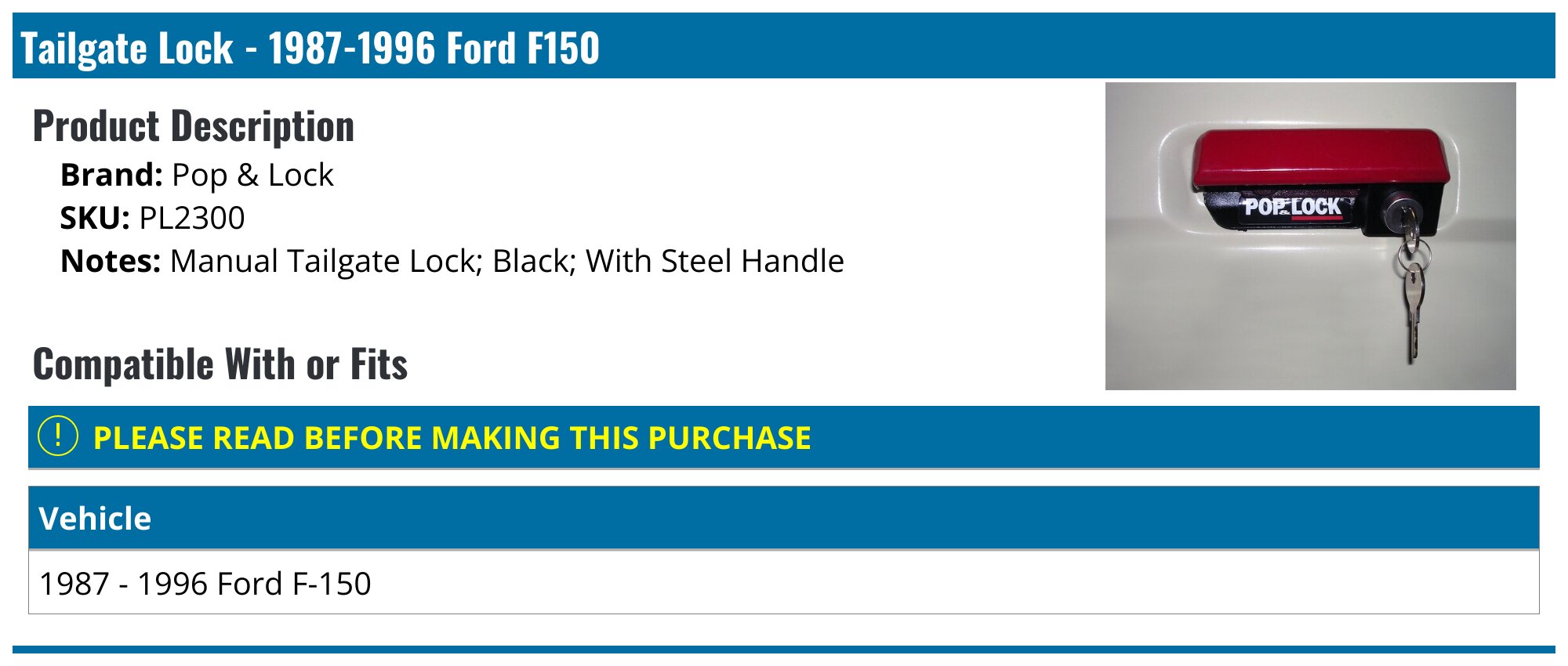 1987-1996 Ford F150 Tailgate Lock - Pop & Lock PL2300 - PartsGeek.com