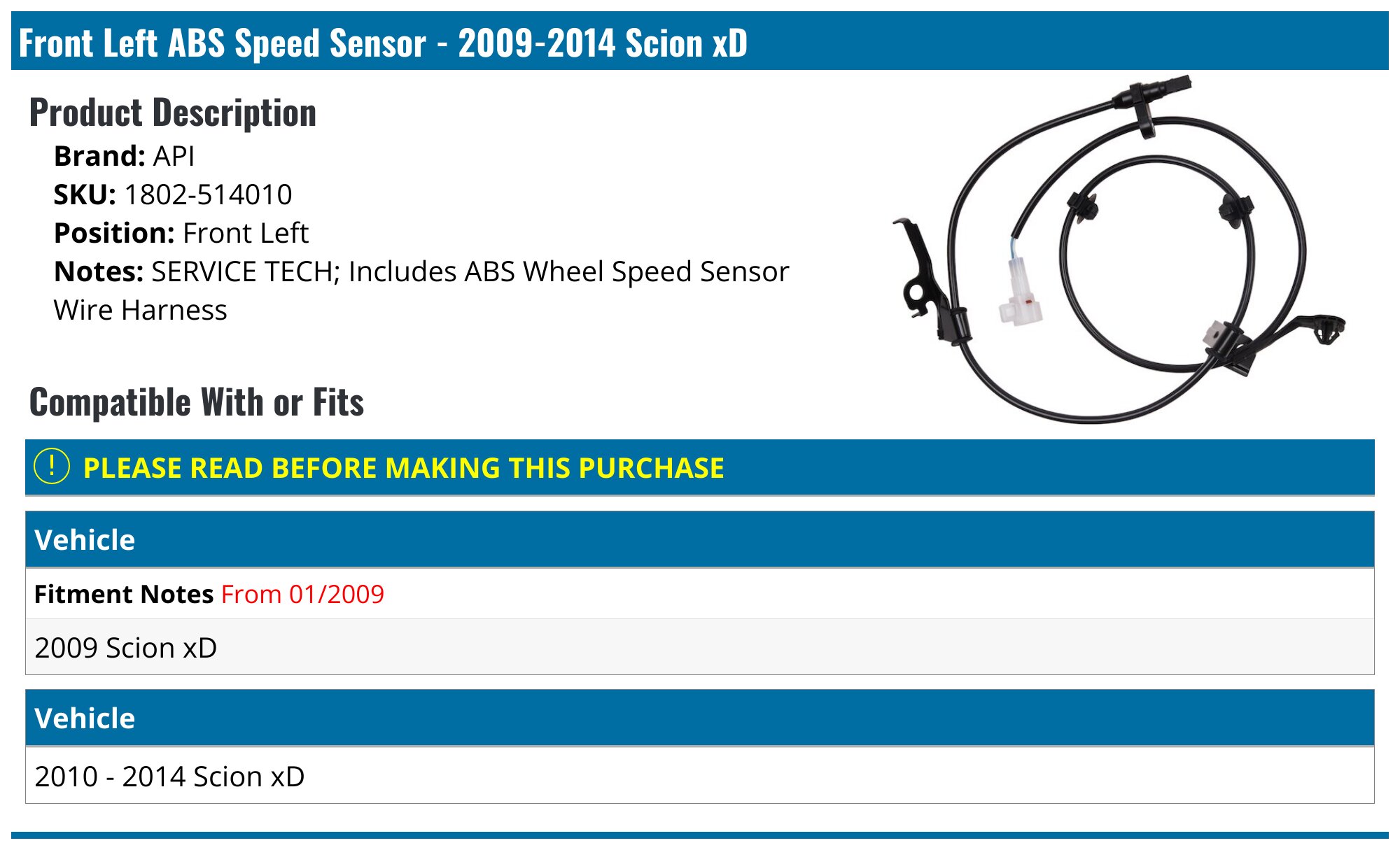 2009-2014 Scion xD ABS Speed Sensor - API 30213-02508828 - Front Left ...