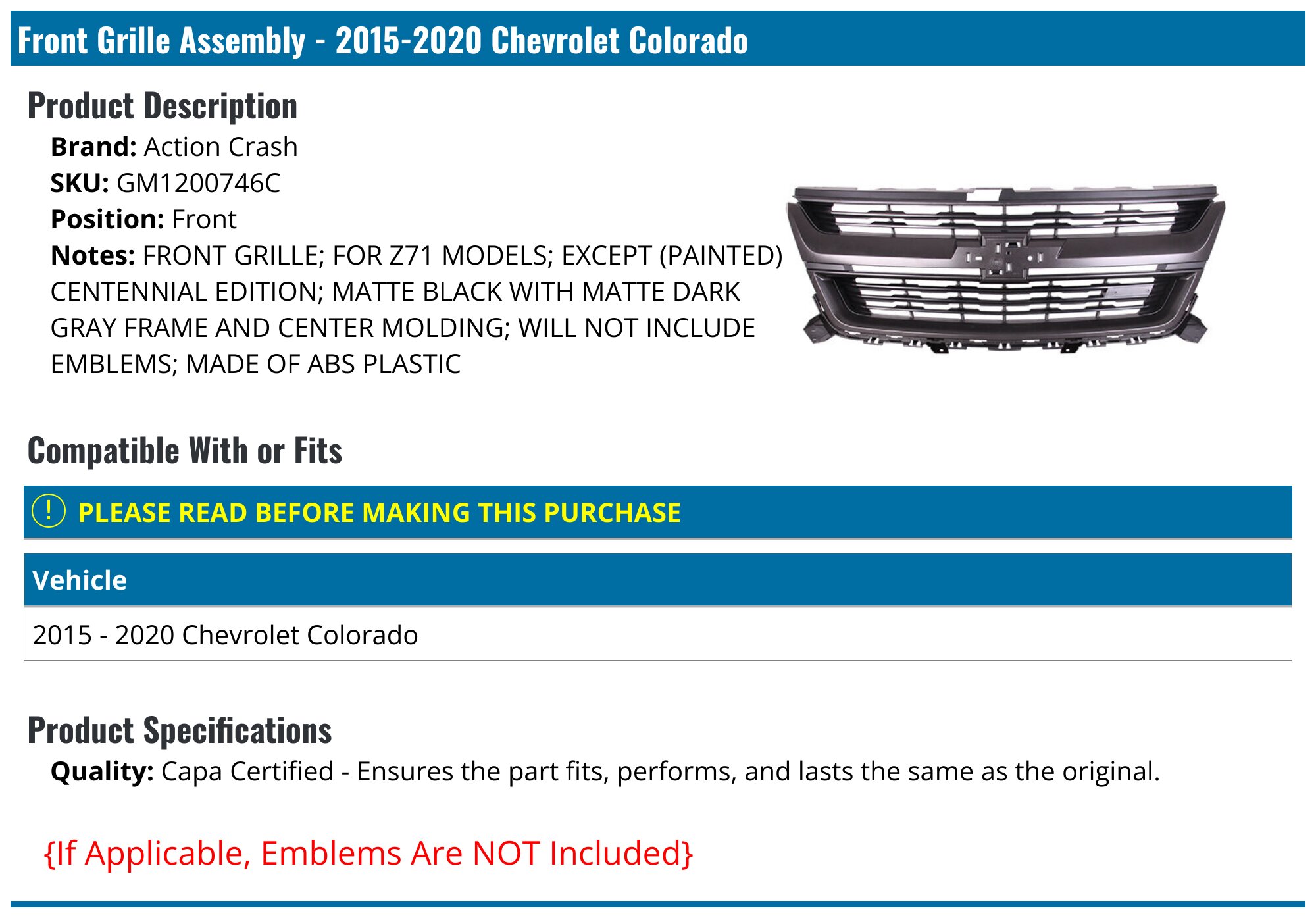 2015-2020 Chevrolet Colorado Grille Assembly - Action Crash GM1200746C ...