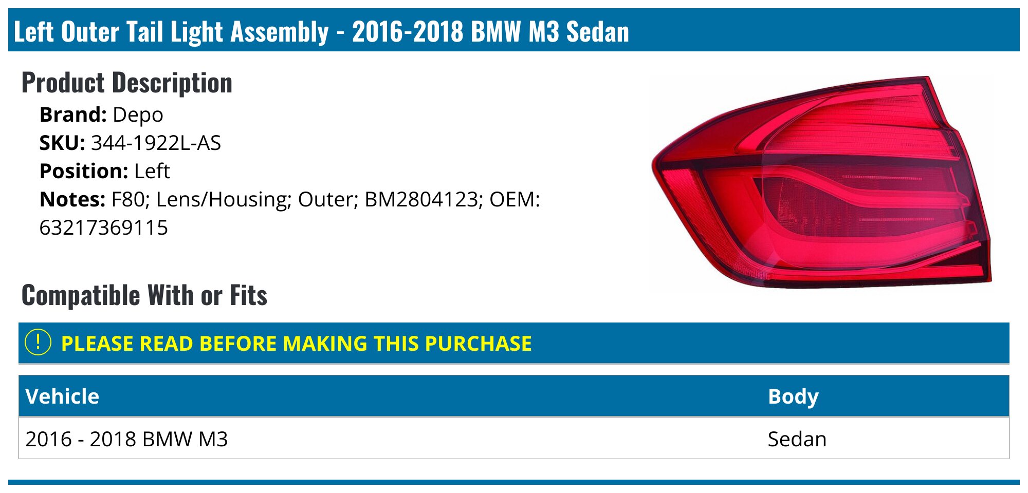 2016-2018 BMW M3 Tail Light Assembly - Depo 344-1922L-AS - Left ...