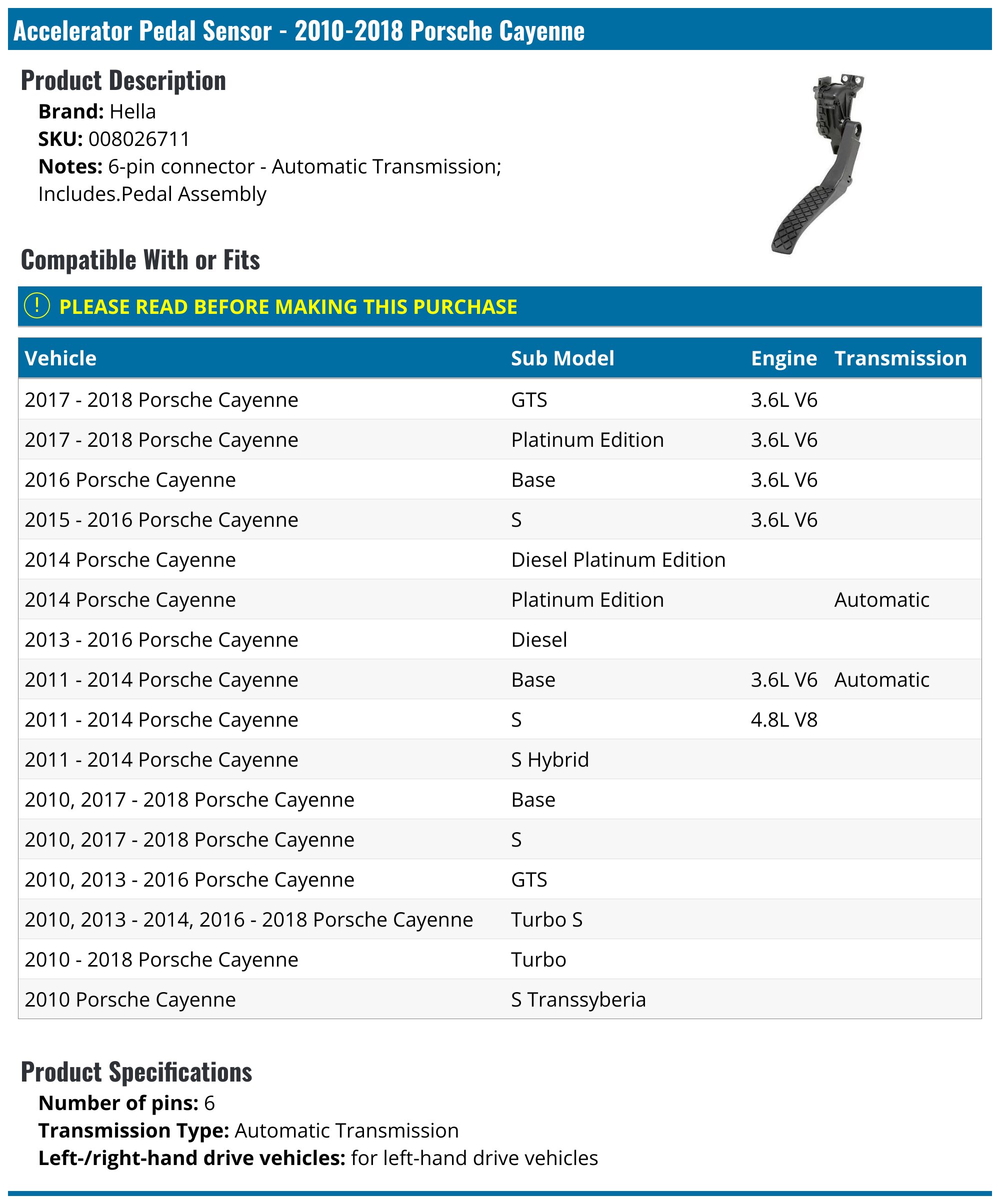 2010-2018 Porsche Cayenne Accelerator Pedal Sensor - Hella 008026711 ...