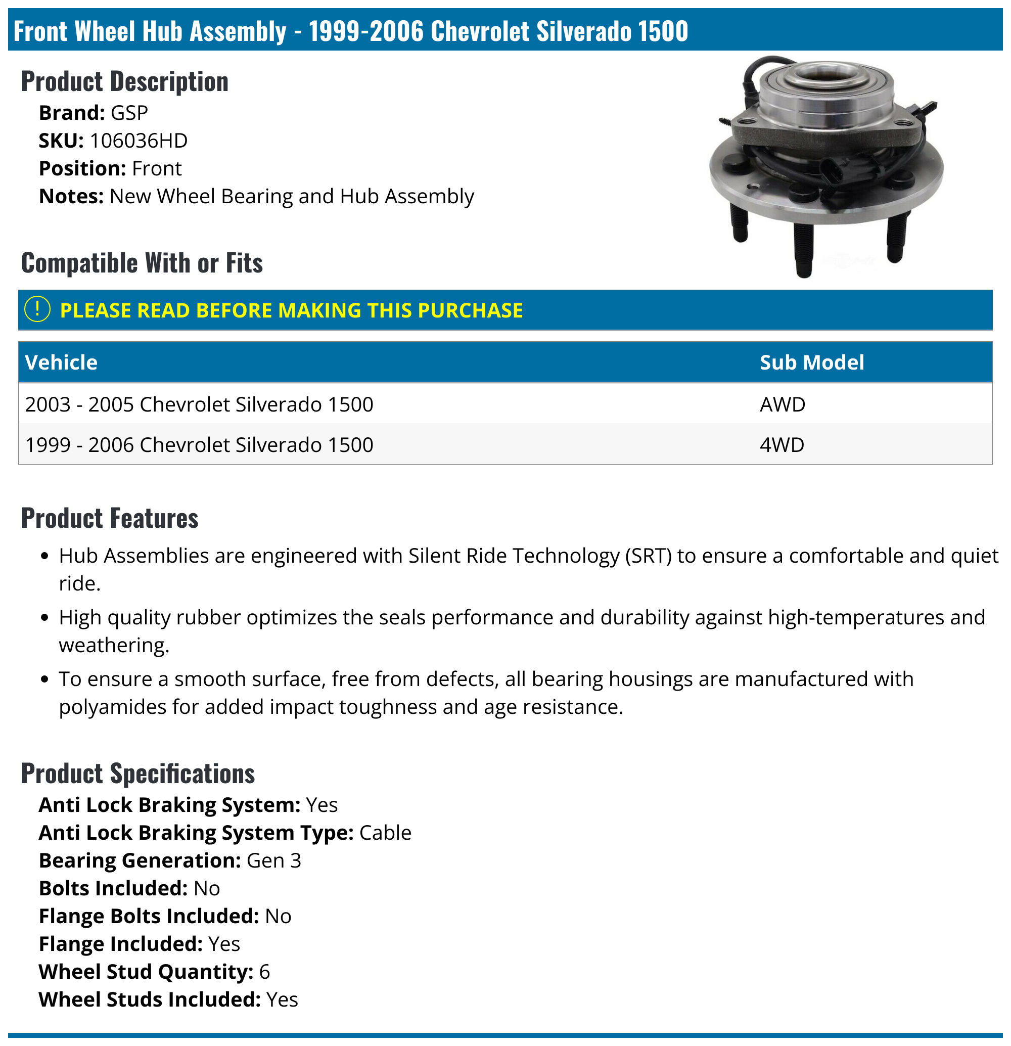 1999-2007 Chevrolet Silverado 1500 Wheel Hub Assembly - GSP 106036HD ...