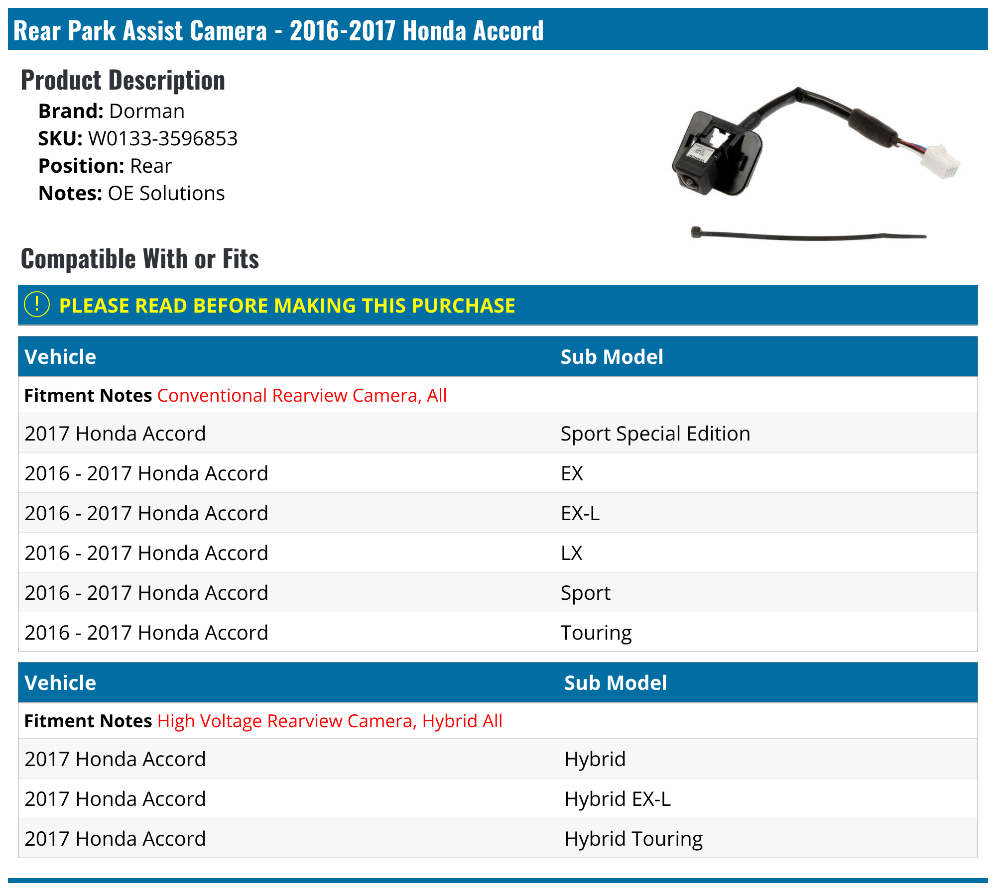 2016-2017 Honda Accord Backup Camera - Dorman W0133-3596853 - Rear ...
