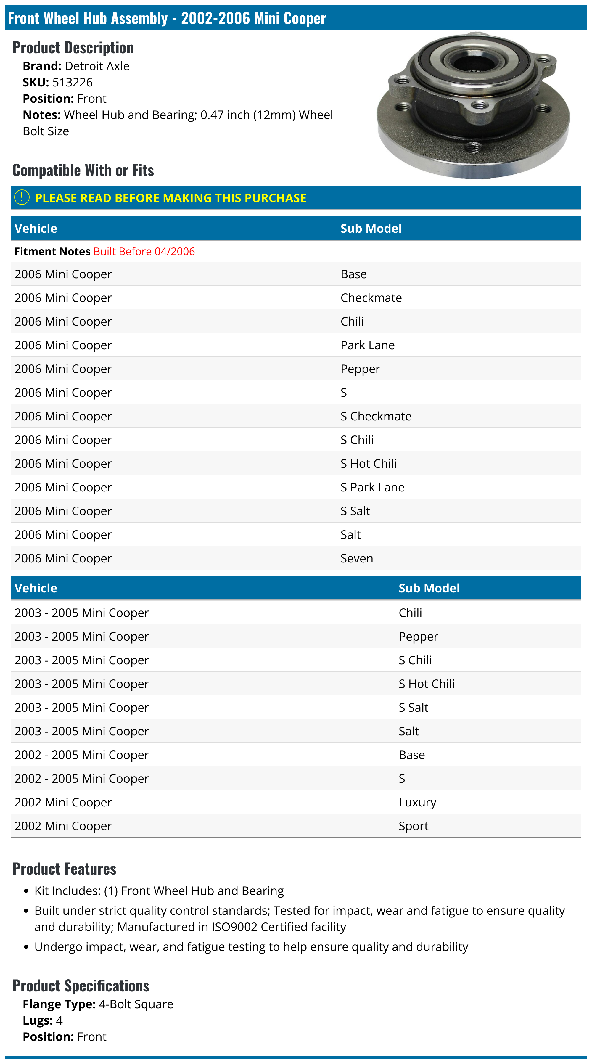 2002-2006 Mini Cooper Wheel Hub Assembly - Detroit Axle 513226 - Front ...