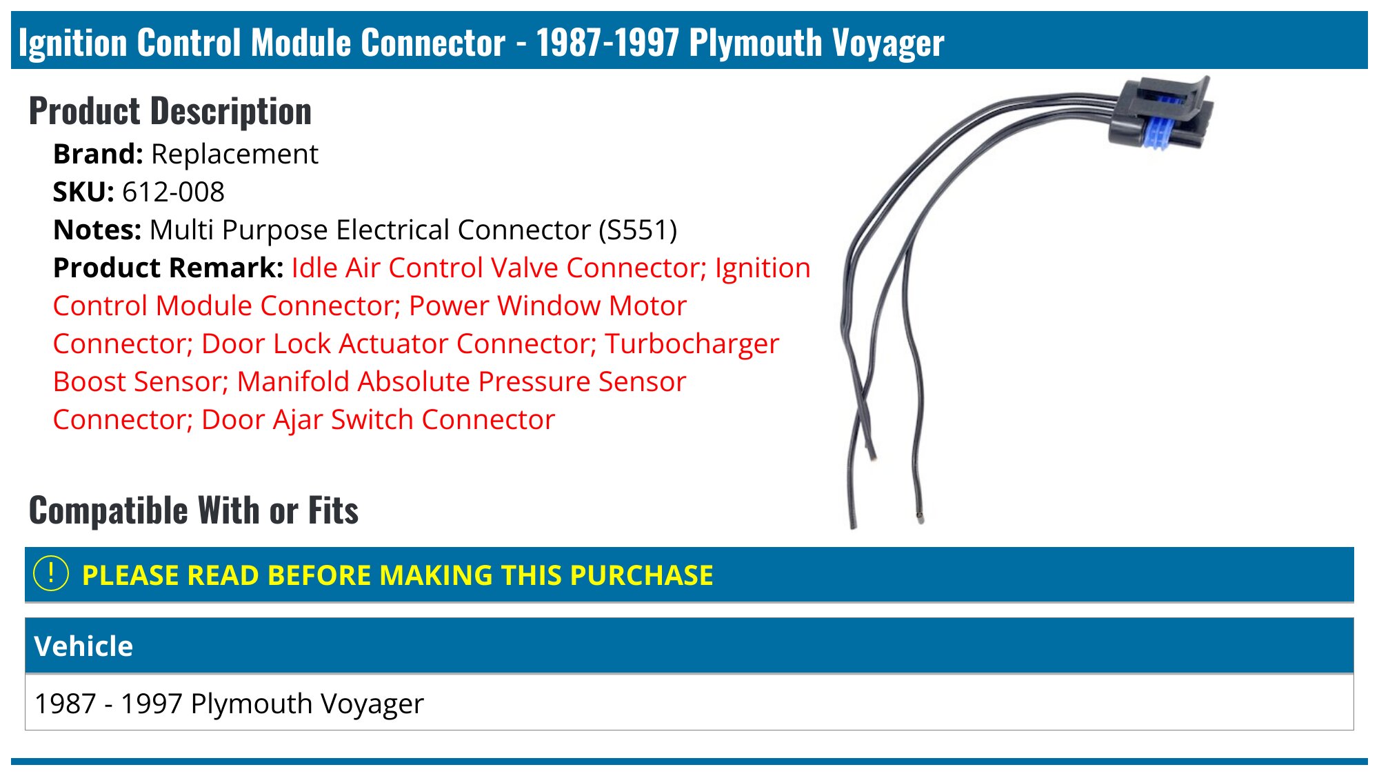 1987-1997 Plymouth Voyager Ignition Control Module Connector ...