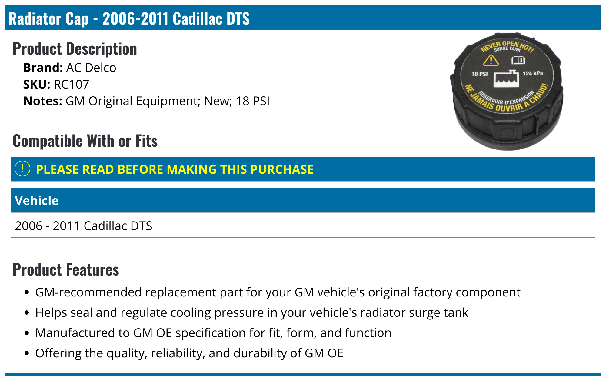 2006-2011 Cadillac DTS Radiator Cap - AC Delco RC107 - PartsGeek.com