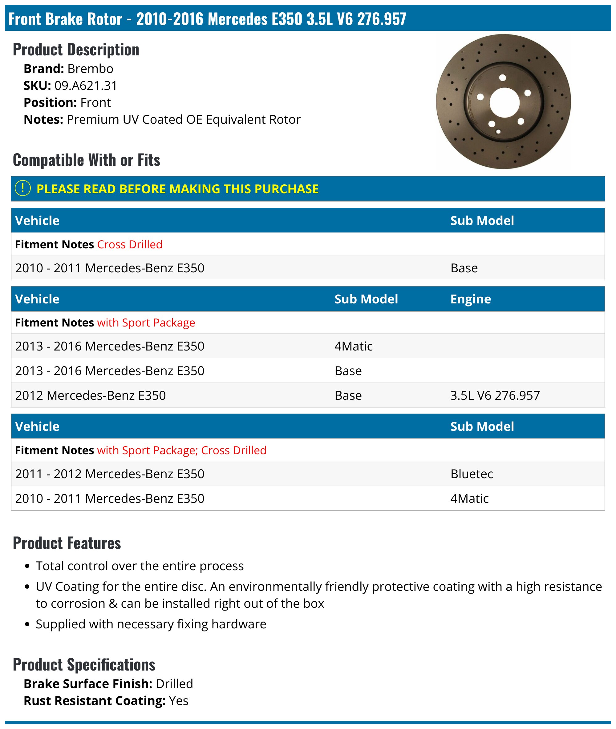 2010-2016 Mercedes E350 Brake Rotor - Brembo 09.A621.31 - Front ...