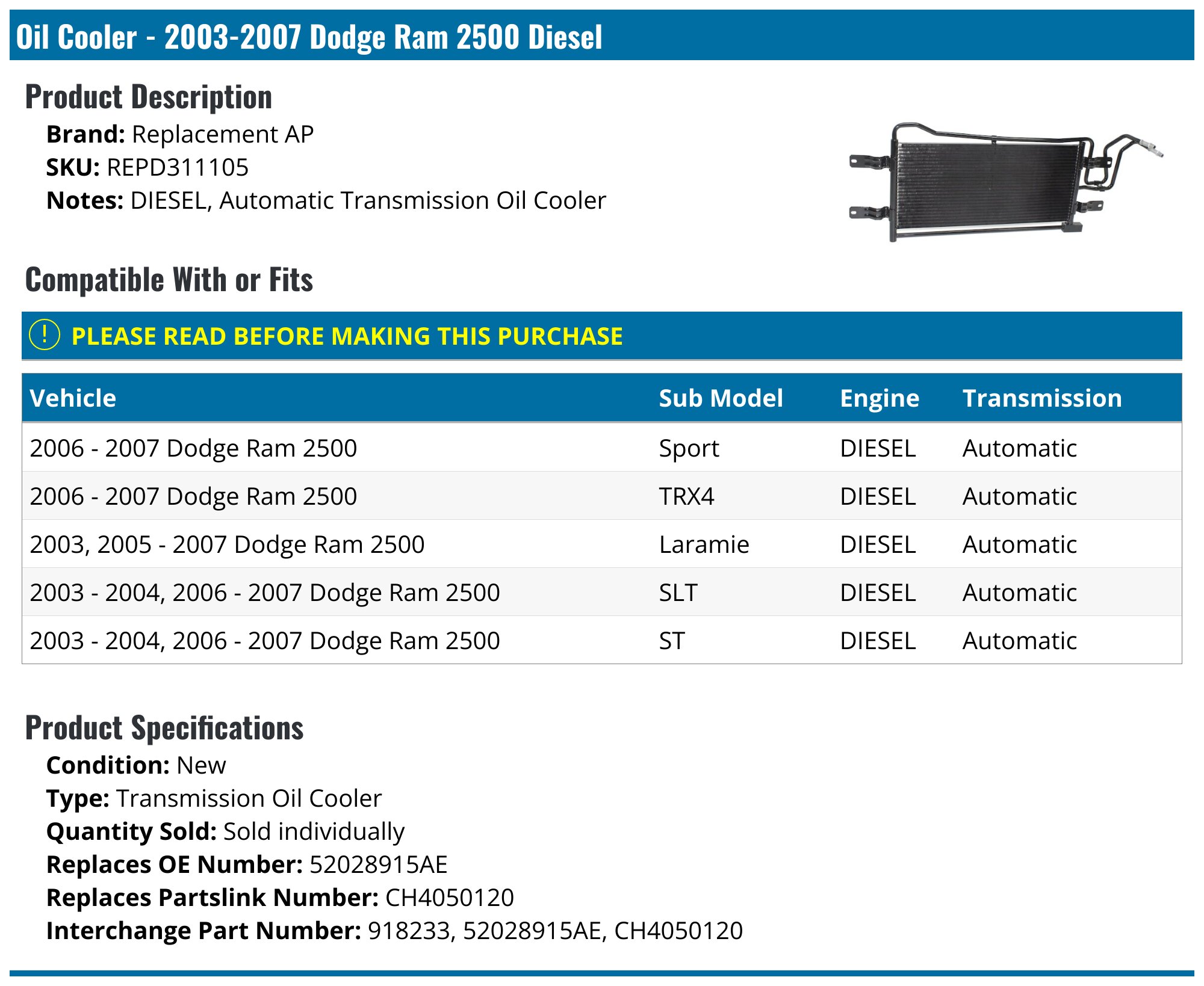 2003-2009 Dodge Ram 2500 Oil Cooler - Replacement AP REPD311105 ...