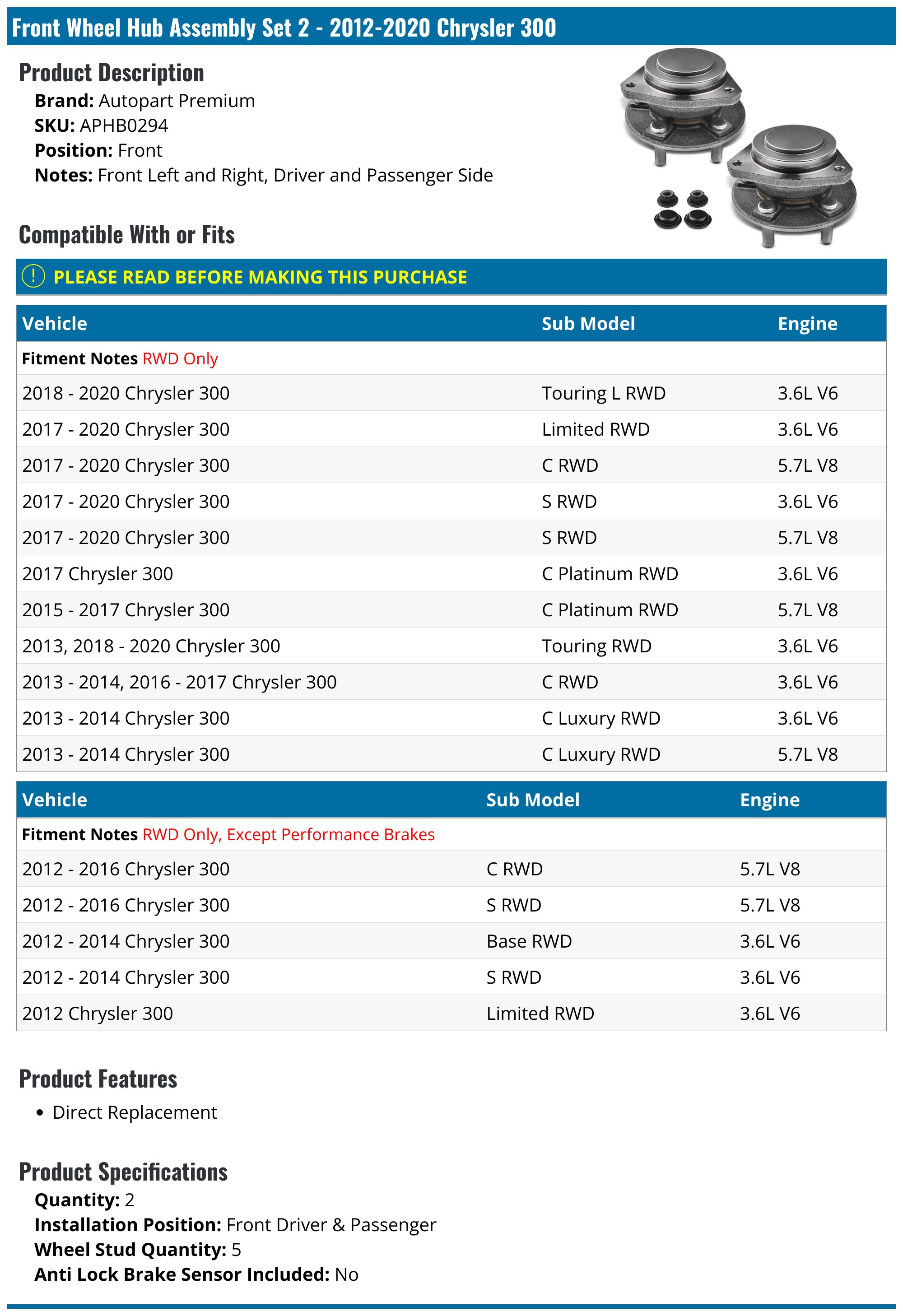 2012-2020 Chrysler 300 Wheel Hub Assembly - Autopart Premium APHB0294 ...